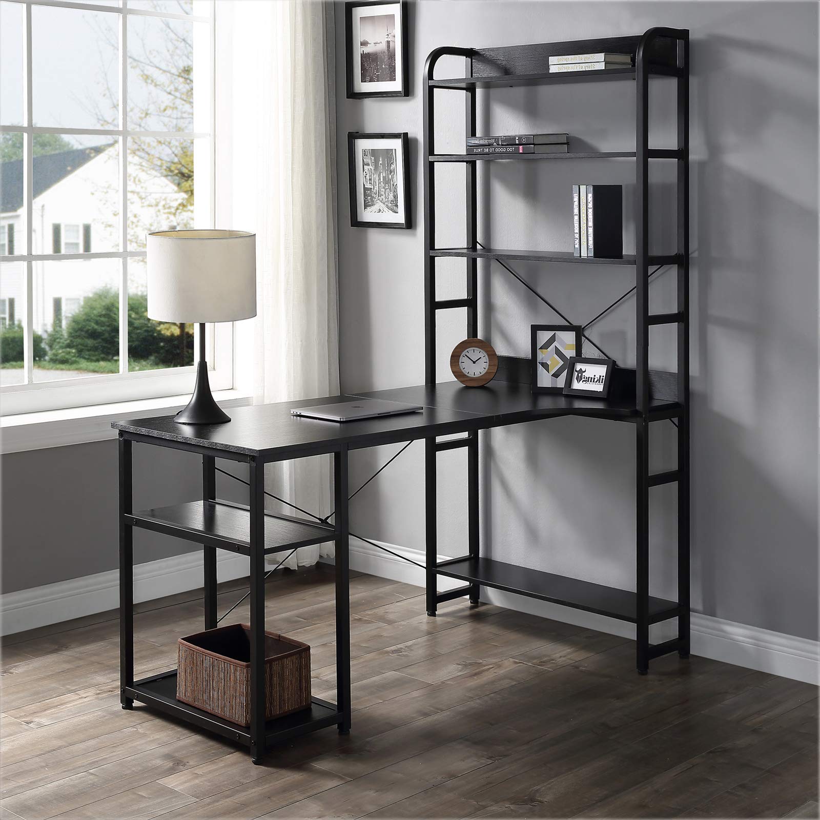 NA Computer Desk - 55" Large Home Office Desk for Workstation, Study Writing Gaming Table with 5 Tier Book Shelves and 2 Tier Open Storage Hutch, Black