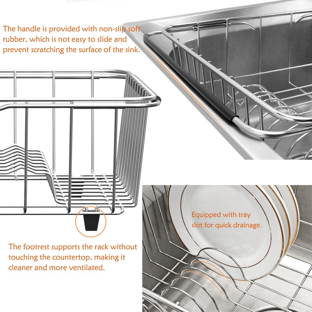 NiuYichee Expandable Dish Drying Rack, Drainage Rack Over Sink, Stainless Steel Dish Drainer Rack Organizer in Sink, Dish Drainer Basket Shelf on Counter, with Stainless Steel Utensil Holder