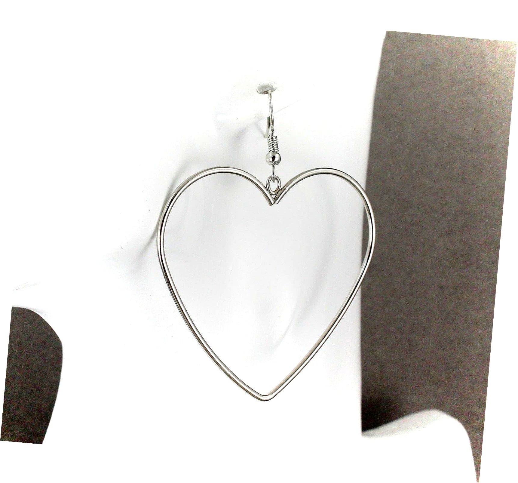 Silver Heart Earrings Earrings 2.5" Long Dangle Light Outline Heart Adorable Statement Jewelry Earrings for Women