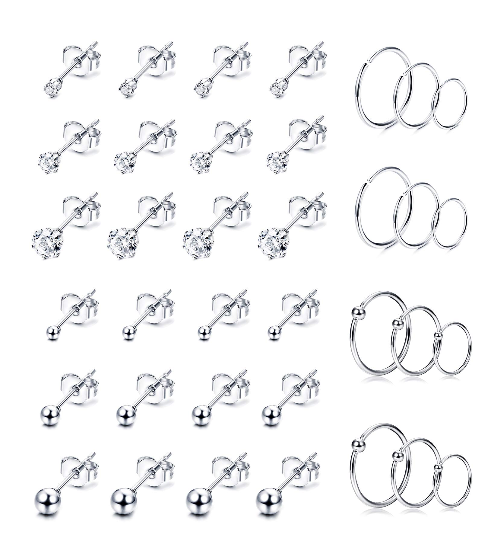 MILACOLATO 18 Pairs Small Tiny Stud Hoop Earrings for Women 14K White Good Plated Stainless Steel Earrings Set for Multiple Piercing Hypoallergenic CZ Ball Studs Endless Cartilage Hoops Earrings
