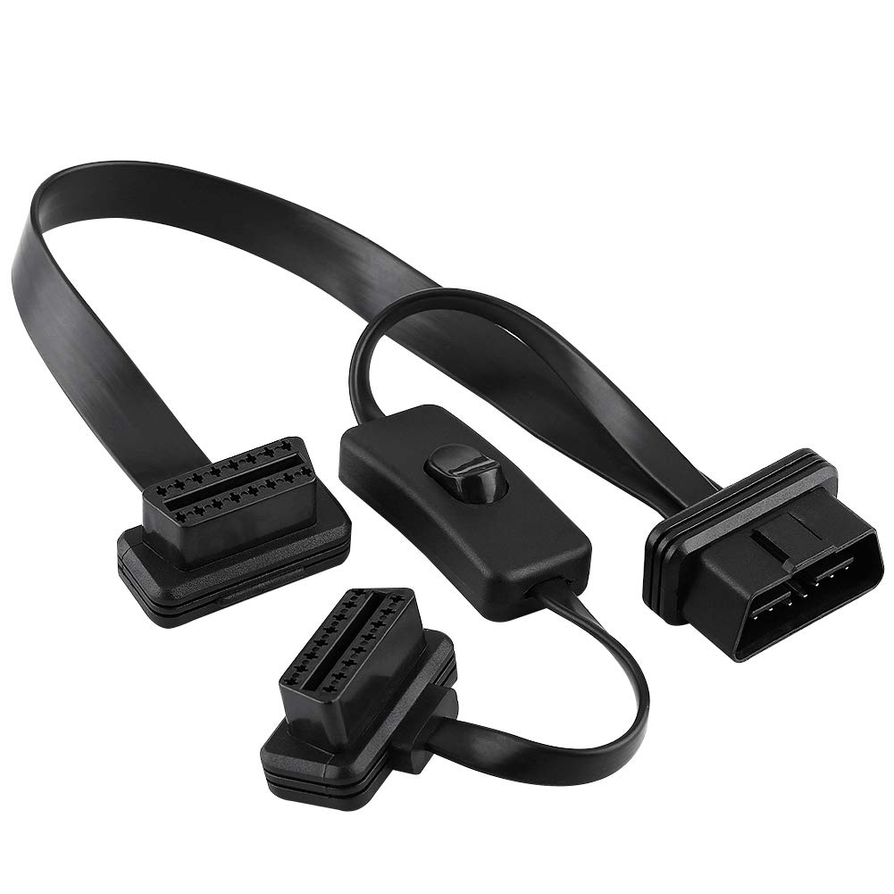 OBD2 Cable, 16 Pin Male to Dual Female OBD2 Splitter Flat Extension Cable Adapter with Switch