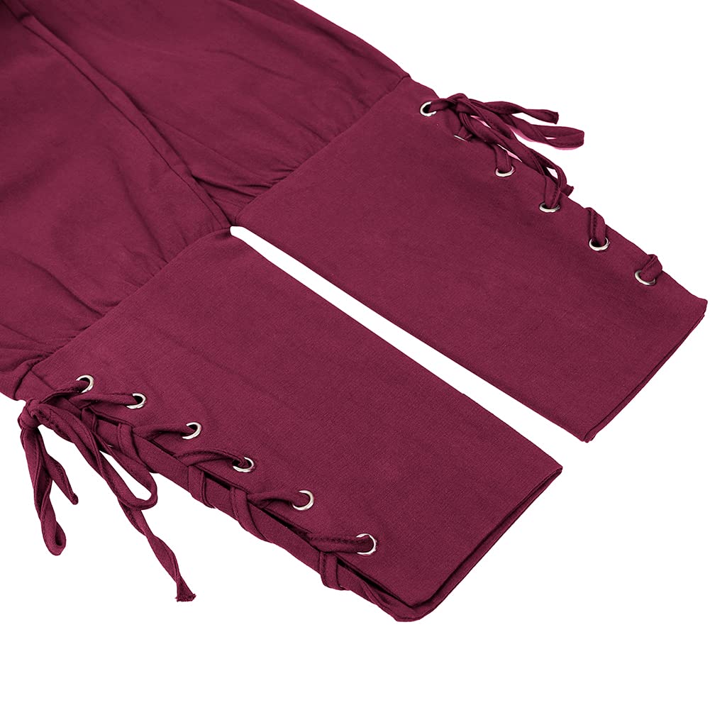 Men's Ankle Banded Cuff Renaissance Pants Medieval Viking Navigator Trousers Pirate Cosplay Costume with Drawstrings Wine Red-2XL
