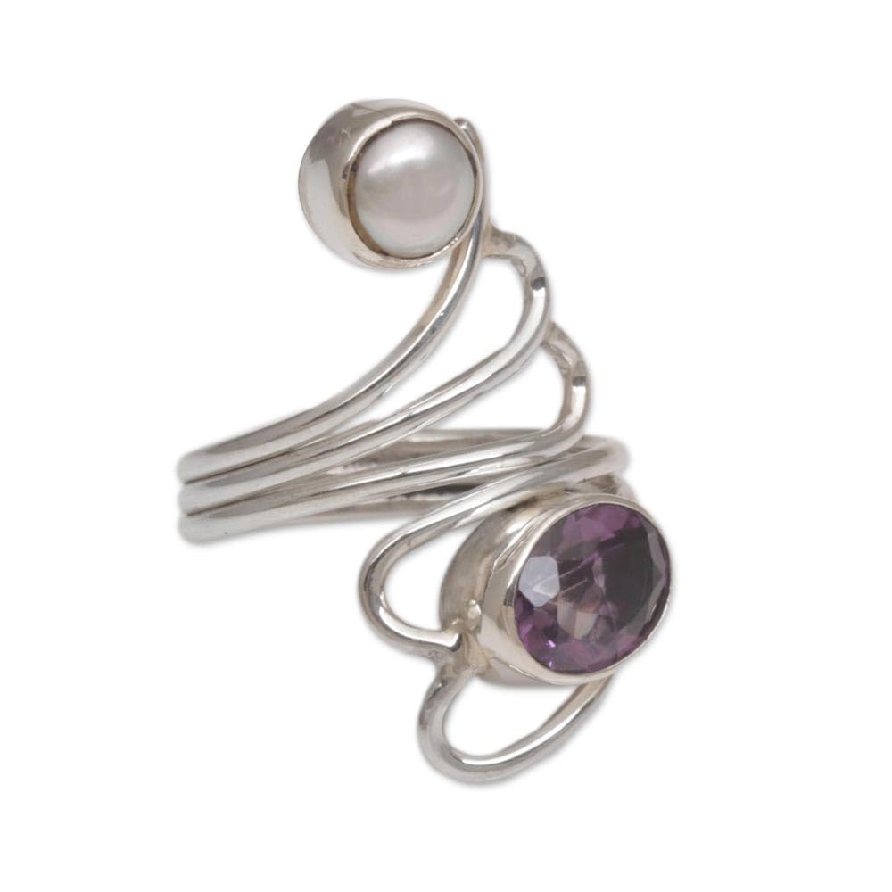 NOVICA Artisan Handmade .925 Sterling Silver Amethyst Cultured Freshwater Pearl Ring Purple White Multi Stone Wrap Birthstone 'Pure in Heart'