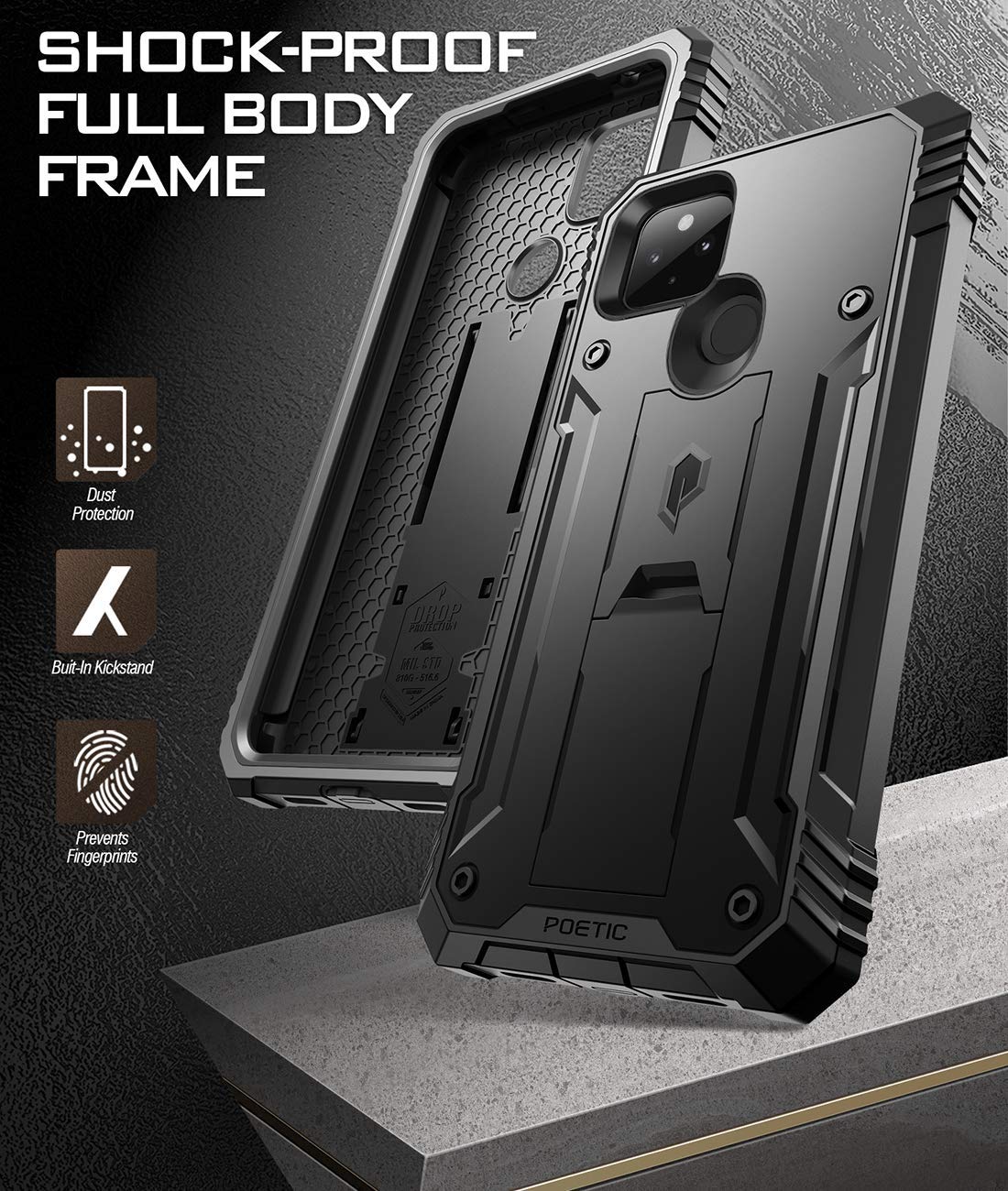 Poetic Revolution Series for Google Pixel 5 Case, Full-Body Rugged Dual-Layer Shockproof Protective Cover with Kickstand and Built-in-Screen Protector, Black
