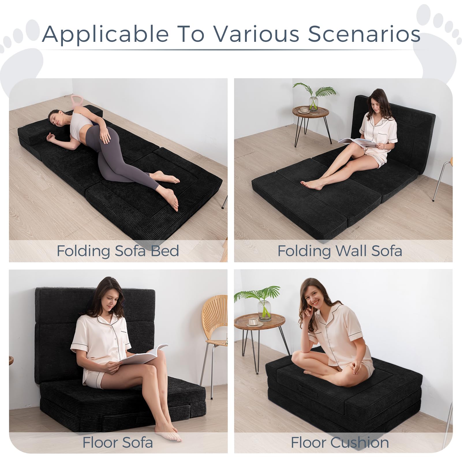 MAXYOYO Folding Sofa Bed, Portable Chair Bed Floor Mattress, Foldable Sleeper Sofa Floor Couch Futon Mattress for Guest Room, Camping, Road Trip, Black, Twin, 83x38 Inch