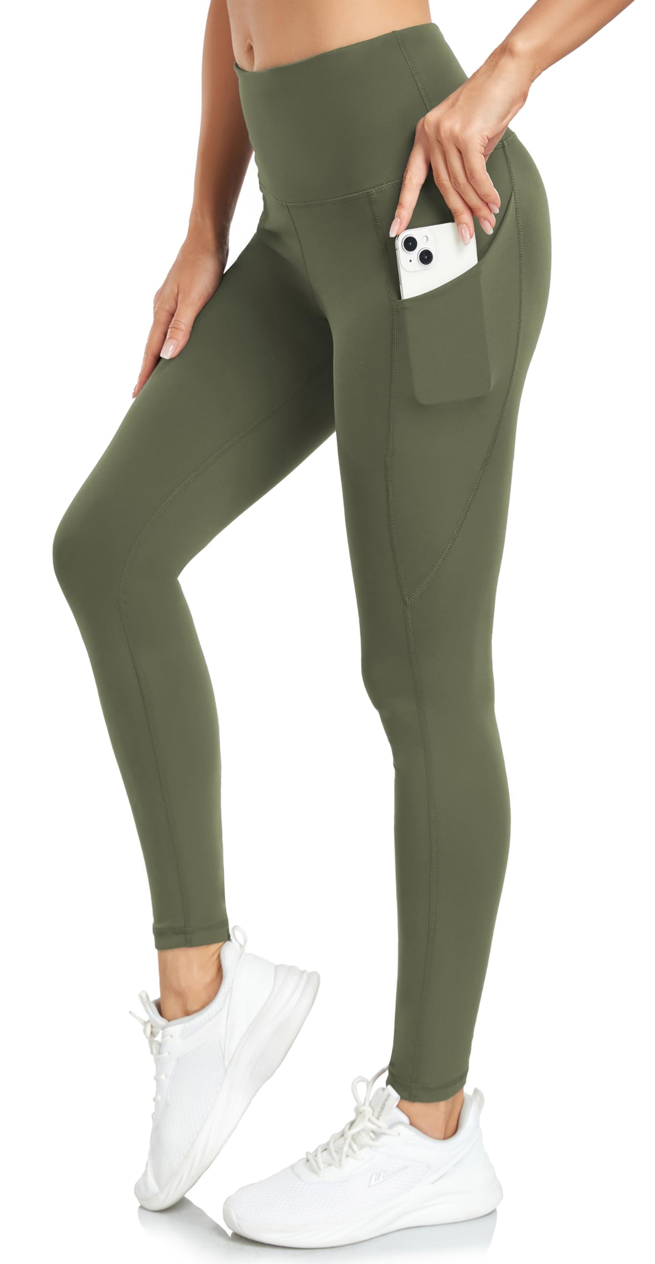 Taydey Women's High Waisted Yoga Leggings with Pockets,Tummy Control Workout Athletic Running Yoga Pants Olive Green L