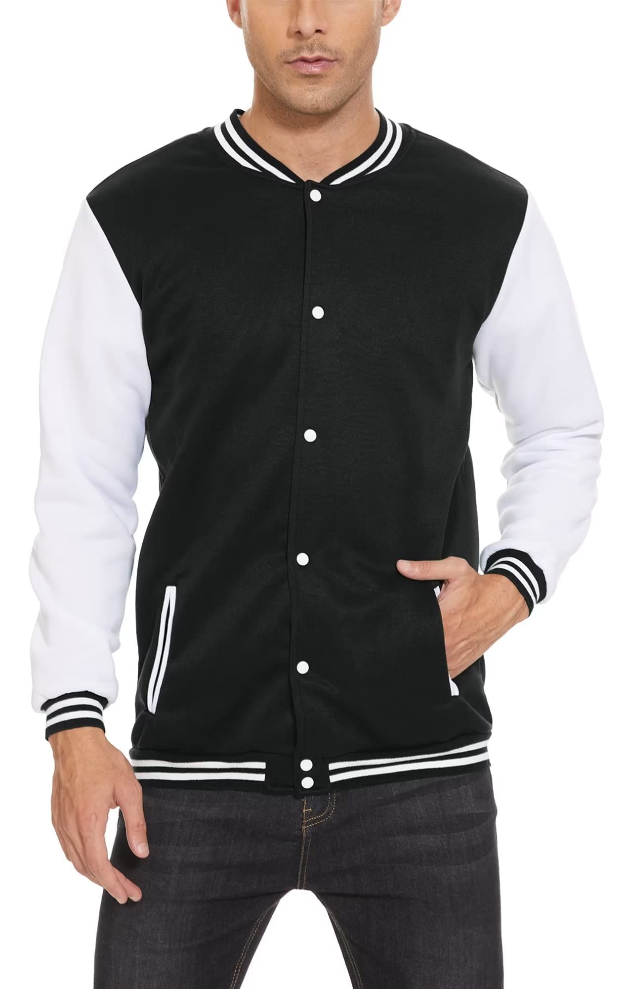 Men's Bomber Jacket Varsity Baseball Jackets Windbreaker Lightweight Slim Fit Button Down Letterman Jacket Black