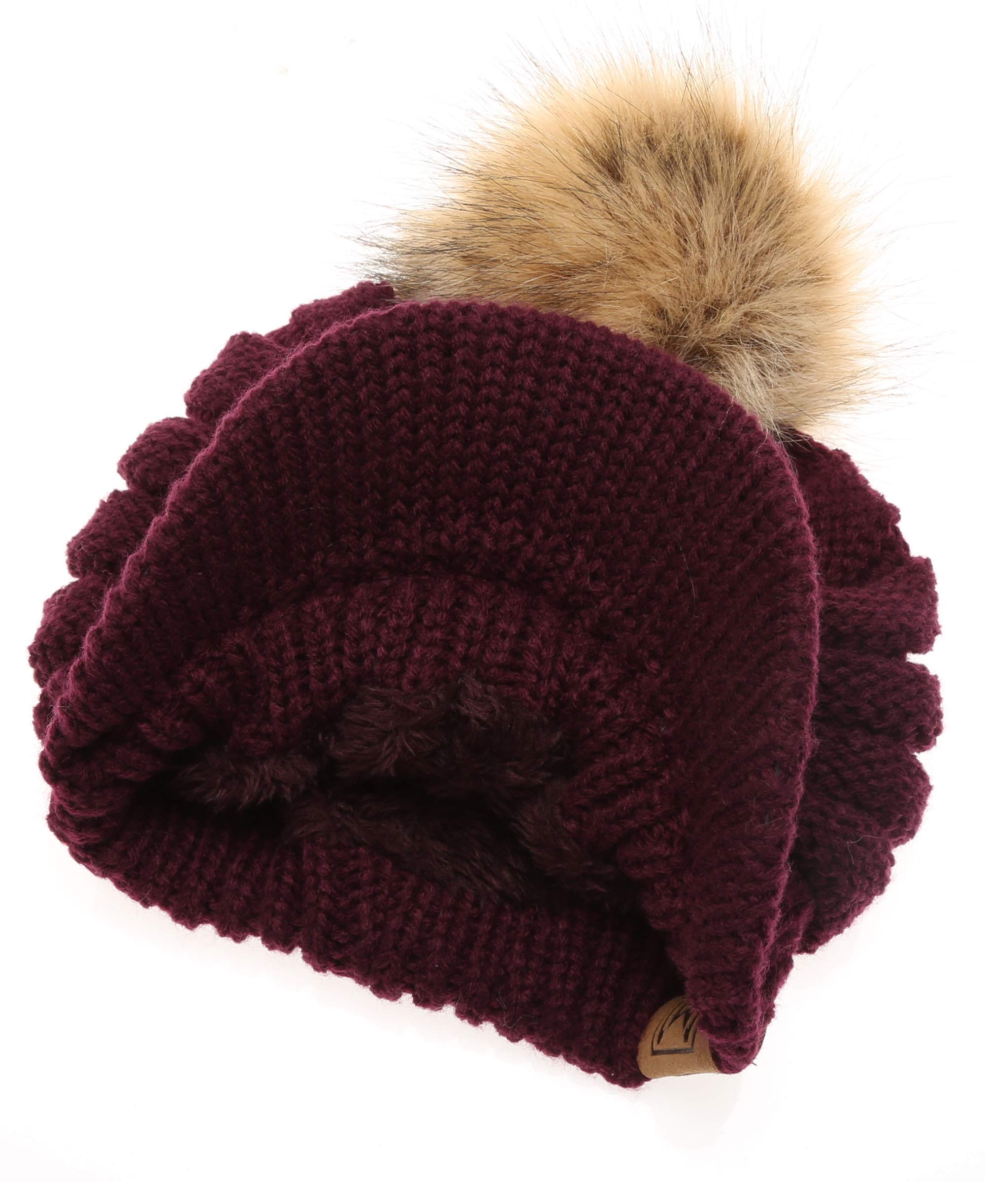 MIRMARU Women's Soft Warm Ribbed Knit Visor Brim Pom Pom Beanie Hat with Plush Lining (Plum)