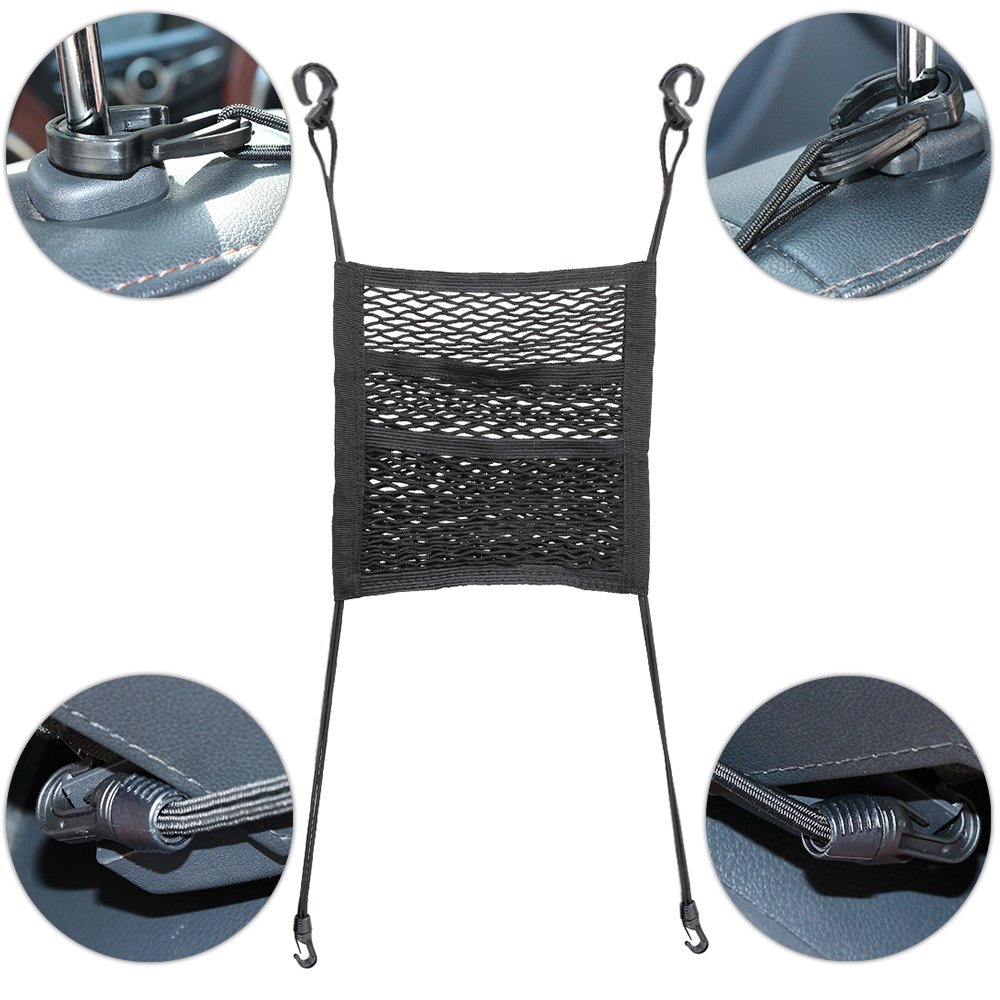 NEOUZA Car Mesh Organizer, Seat Back Net Bag, Barrier of Back seat Front Seat Pet Kids, Cargo Tissue Purse Holder, Driver Storage Netting Pouch SUV Minivan Pickup Truck Drive Safe (3-Layer)
