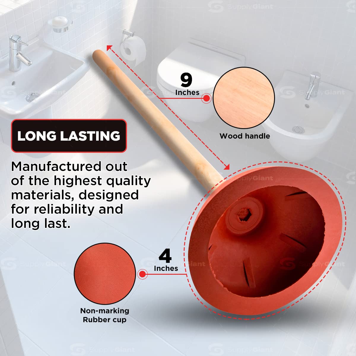 SUPPLYGIANT SU3222 Sink Plunger - Heavy Duty Rubber Plunger for Bathroom - Small Plunger for Sink with 9β Wooden Handle to Fix Clogged Basins and Tubs