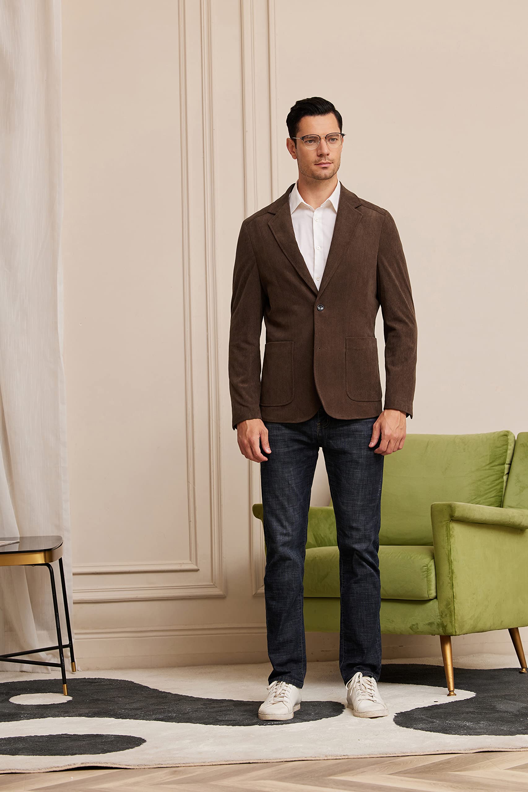 Men's Casual Corduroy Suit Blazer Single-Button Sport Coat Dark Brown L