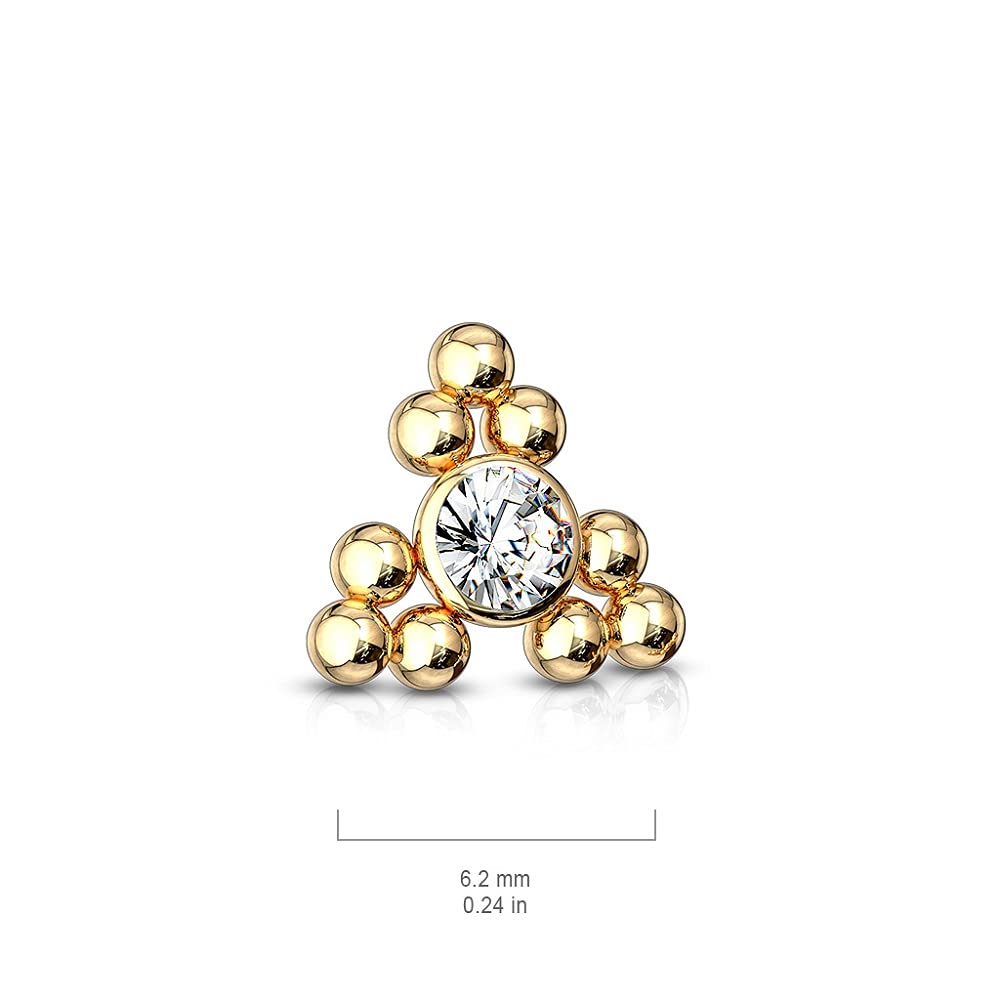 Pierced Owl 14GA Stainless Steel Internally Threaded CZ Crystal Center Triangle Ball Clusters Dermal Anchor Top (Gold Tone)