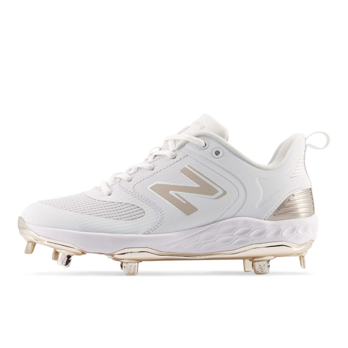 New Balance Women's Fresh Foam Velo V3 Softball Shoe, White/Champagne Metallic, 11
