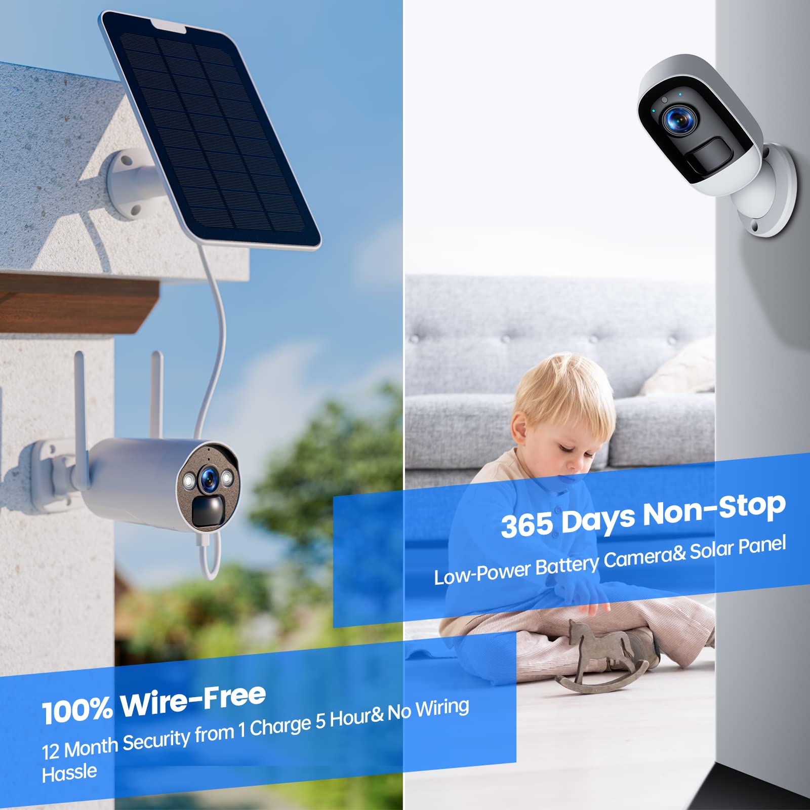 Wire Free Solar Powered Security Camera System Outdoor, Solar Security Camera, Include 2K Battery Camera & Base Station, 2K Color Night Vision, PIR Human Detection, SD/Cloud