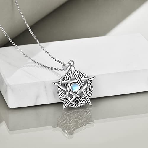 ONEFINITY Lunar Pentagram Silver Pendant With A Moonstone Carved Vines Tiny Leaves Knotwork Silver Crescent Moon Witch Amulet Esoteric Pendant