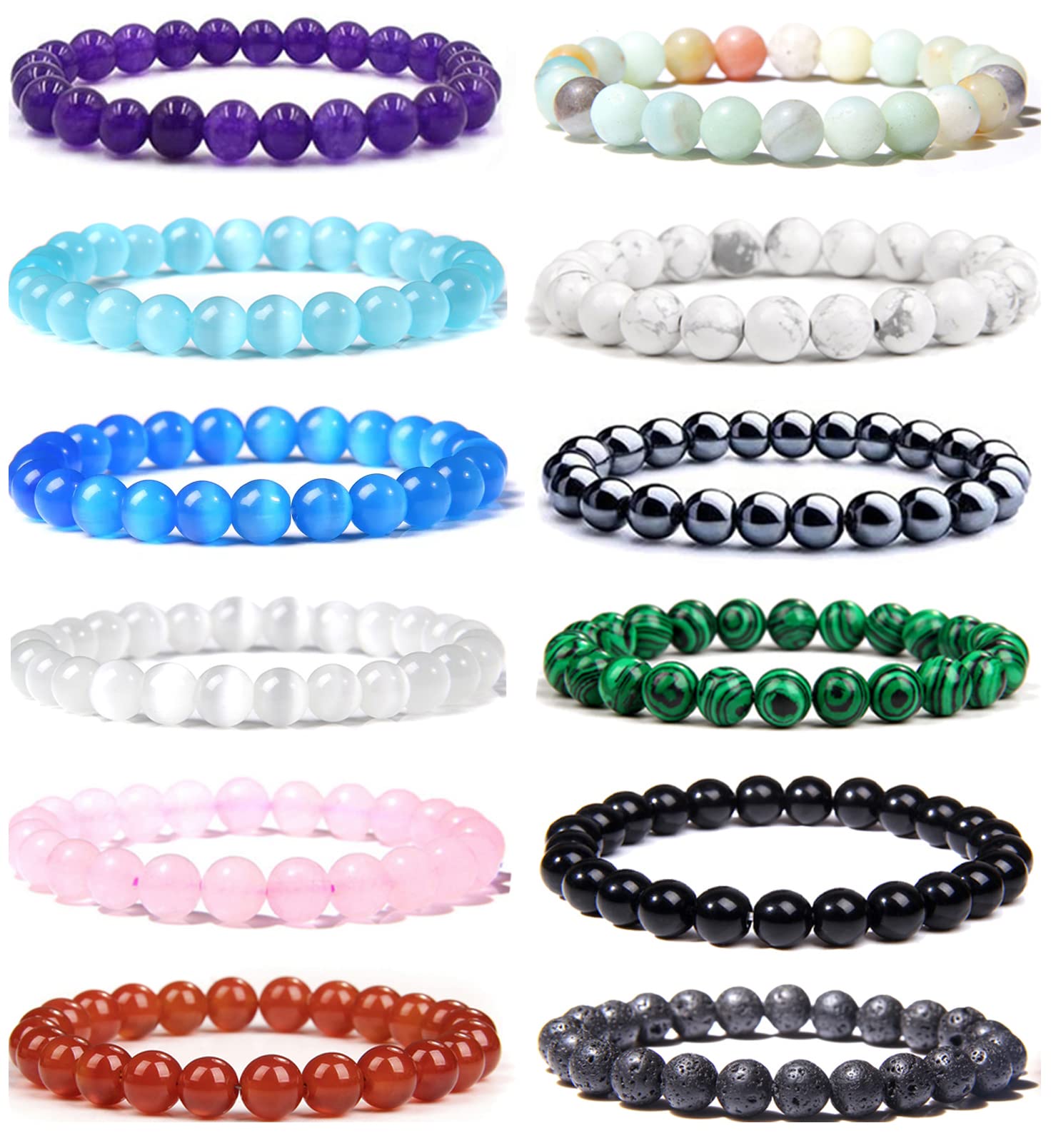 SAMOCO 12 Pcs 8mm Semi-precious Beaded Bracelets for Men Women Healing Stretch Round Bead Crystal Gemstones Bracelets Unisex