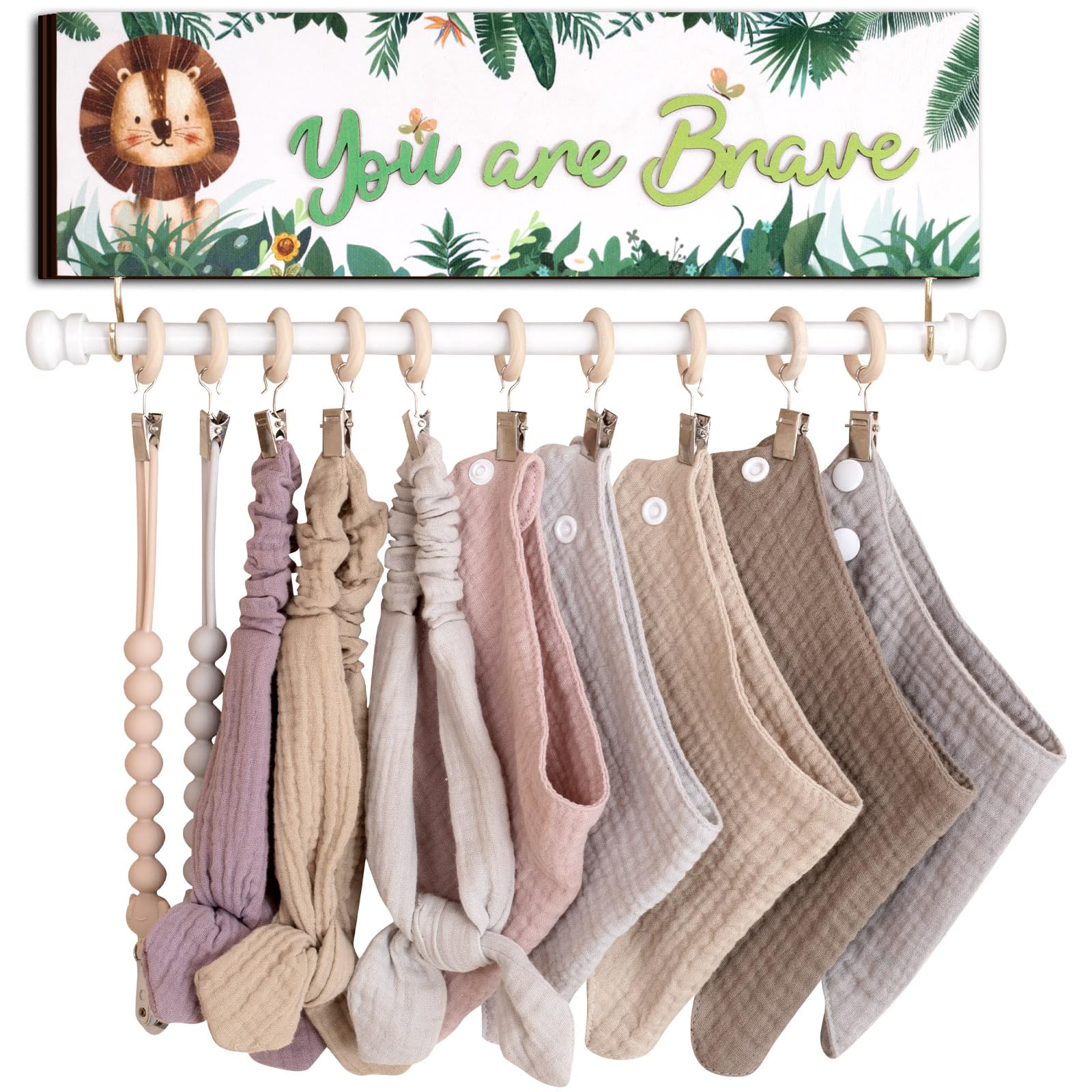 POVETIRE Pacifier Clip Holder Baby Bibs Organizer, Neutral Baby Bandana Drool Bibs Holder - Baby Burp Cloths Organizer Storage Hanging Wall Decor for Nursery Newborn Infant Girls and Boys Room