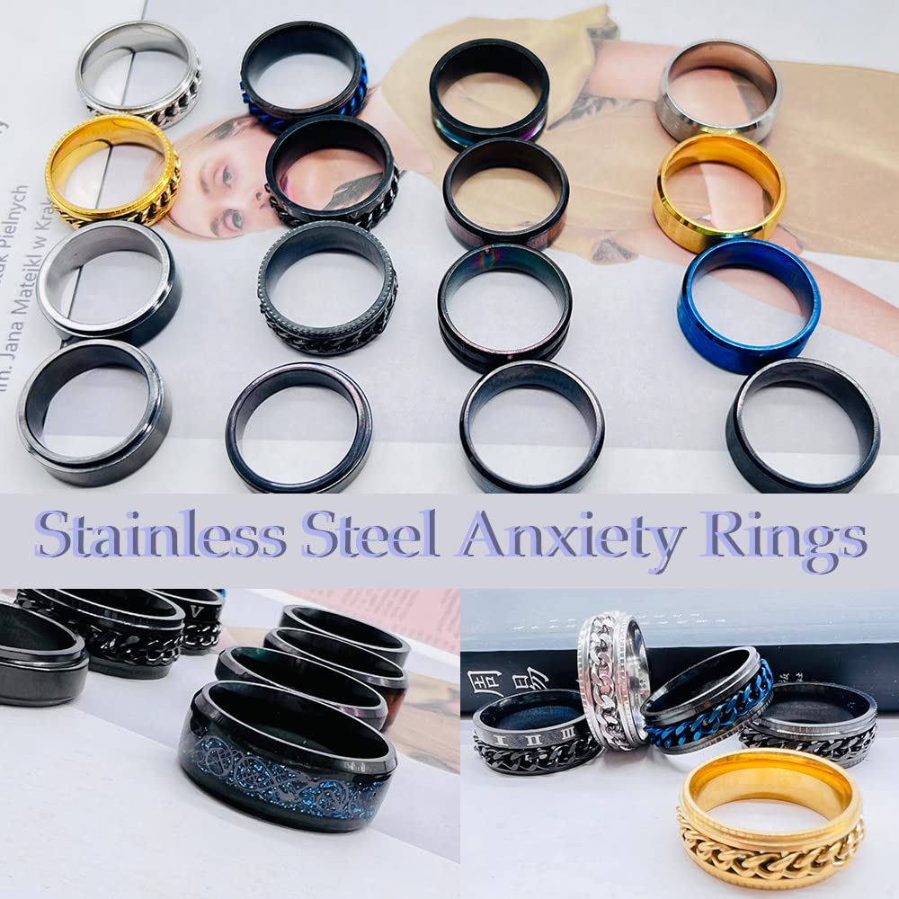 SAMOCO 16 Pcs Stainless Steel Fidget Band Rings for Men Women Cool Dragon Chain Stress Anxiety Relief Wedding Promise Band Ring Set Size 11