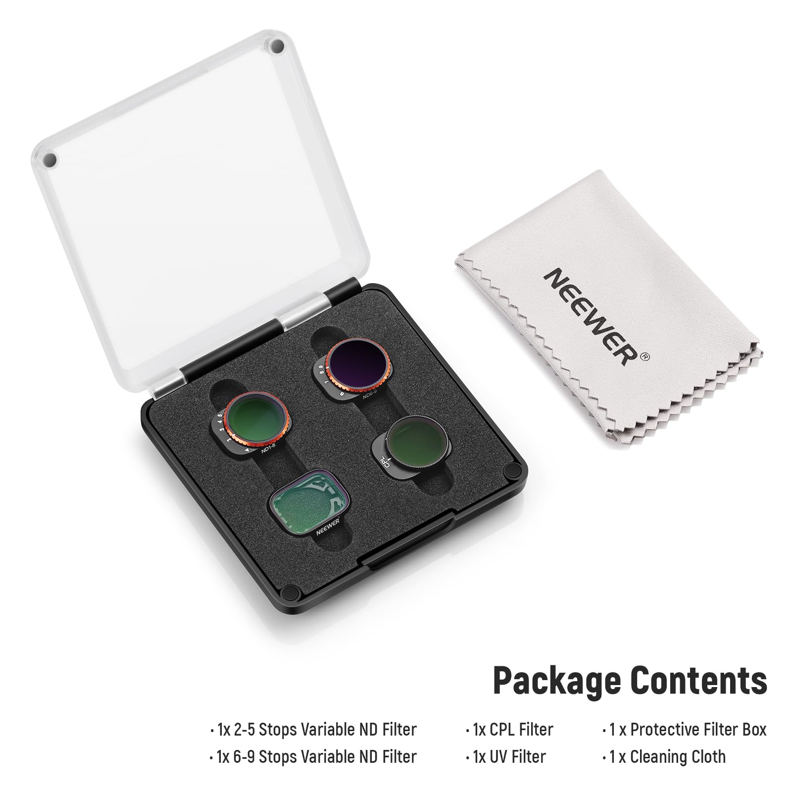 NEEWER Limited Variable ND Filter Kit Compatible with DJI Mini 3/Mini 3 Pro, 4 Pack ND2-ND32 (1-5 Stops)/ND64-ND512 (6-9 Stops)/CPL/UV Lens Filter with Multi Coated HD Optical Glass/Aluminum Frame