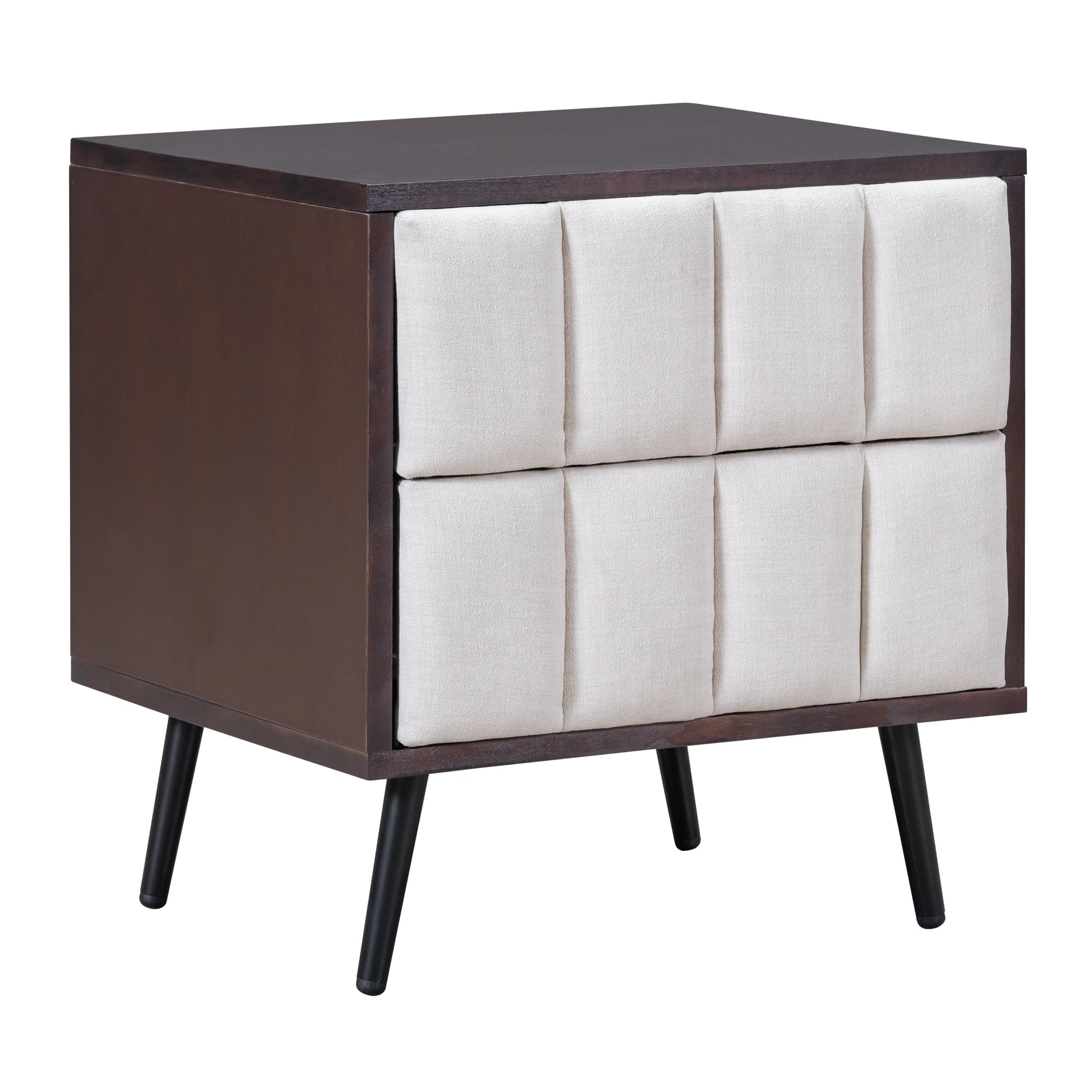 Modern Nightstand with 2 Drawers,Wood+Linen Bedside Table with Classic Design,Side Table for Bedroom,Living Room(Walnut+Beige)