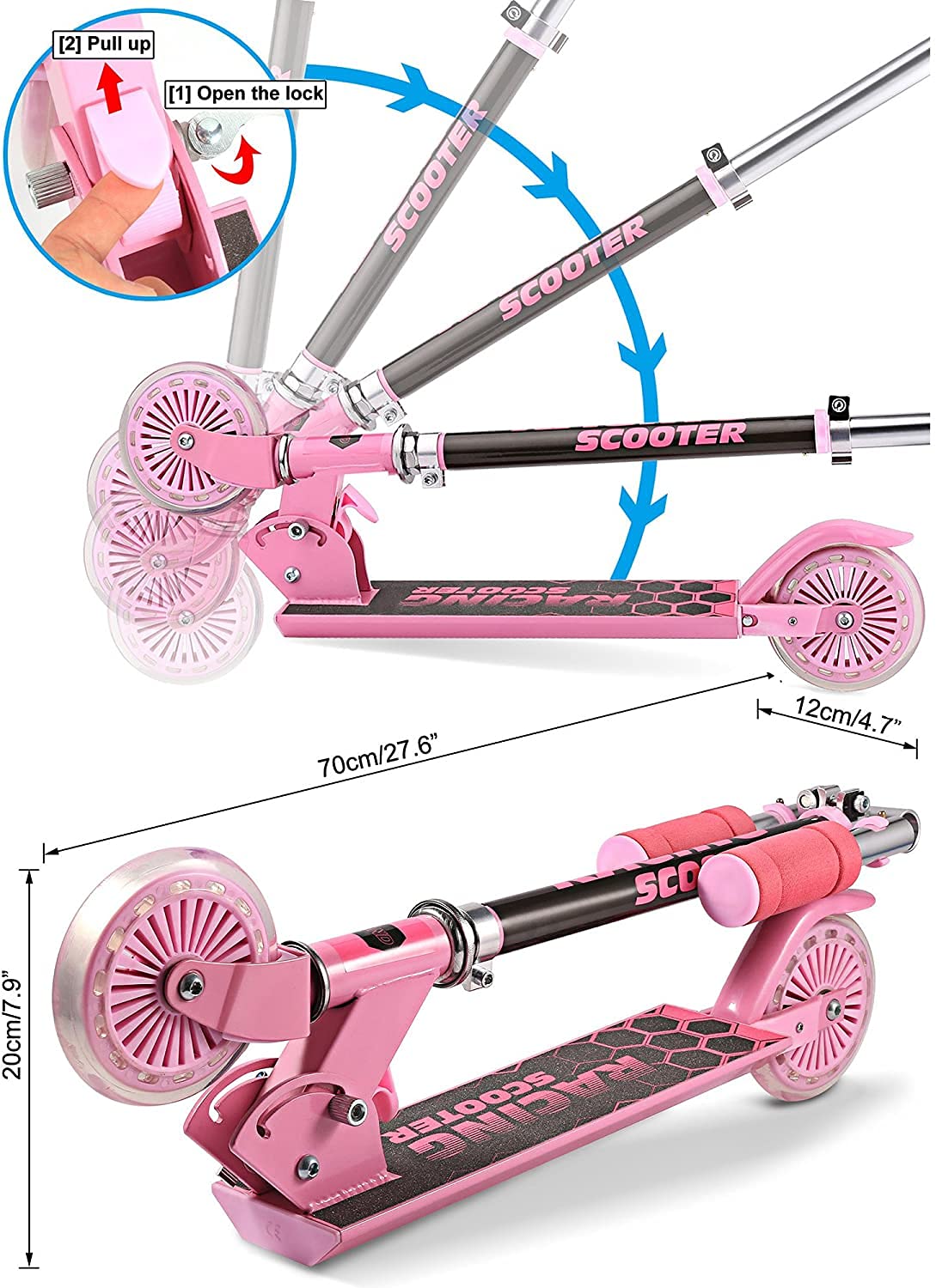 Mini Kick Scooter Aluminum Folding Scooters Adjustable Height with Light Up Wheels for Kids Girls Boys Toddler, Ages 3-8 Years