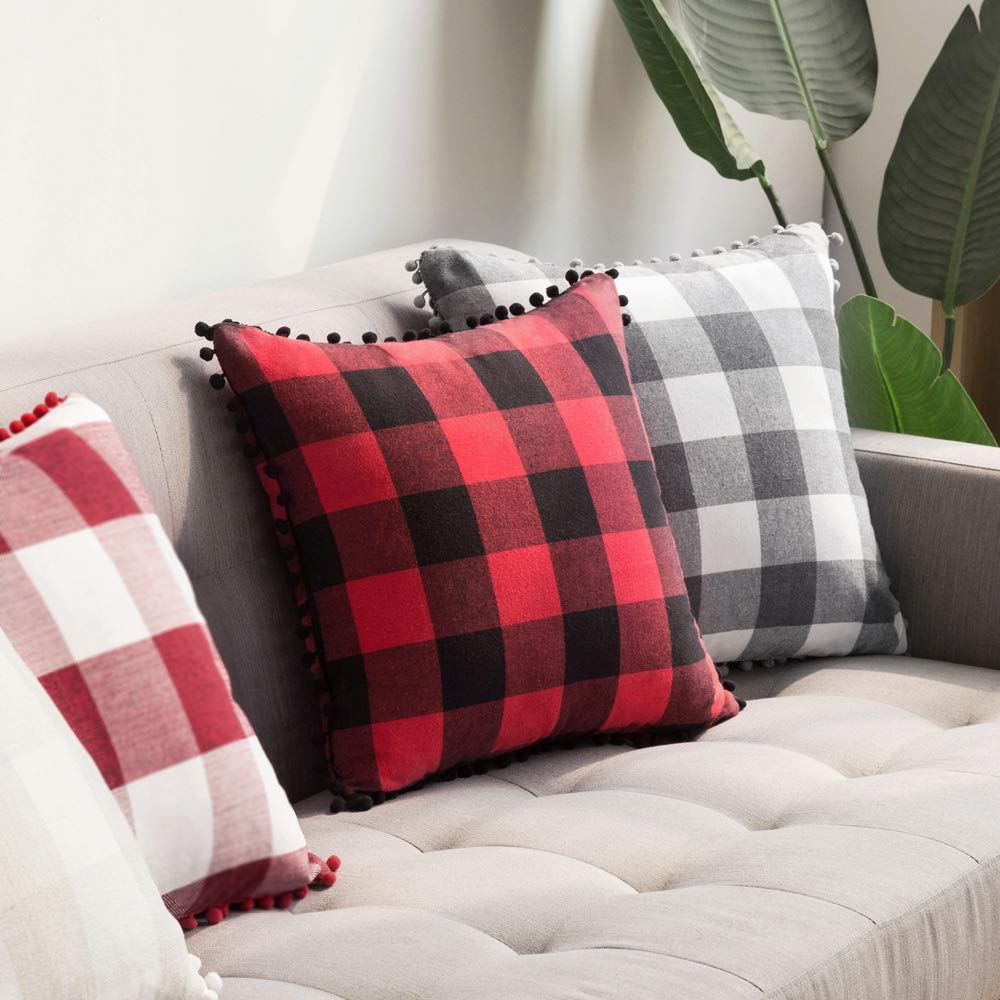 MIULEE Retro Plaid Pillow Covers Farmhouse Buffalo Check Pillow Cases with Pom-poms Decorative Throw Pillow Covers Set of 2 for Sofa Couch 20x20 Inch Red and White