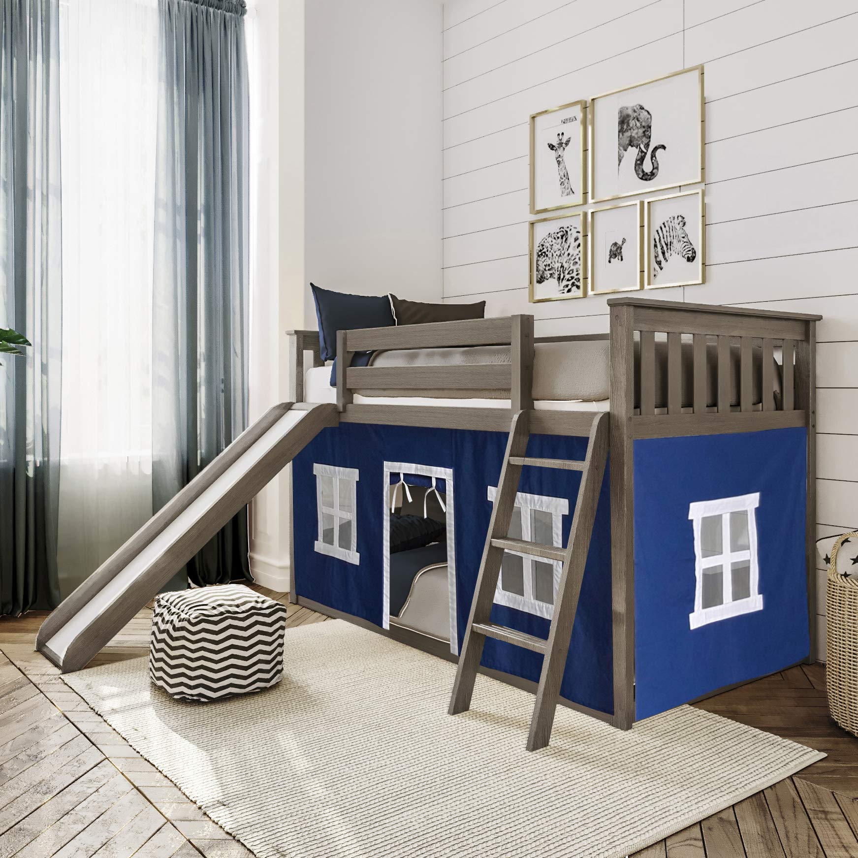 Max & Lily Low Bunk Bed, Twin-Over-Twin Bed Frame For Kids With Slide and Curtains For Bottom, Clay/Blue