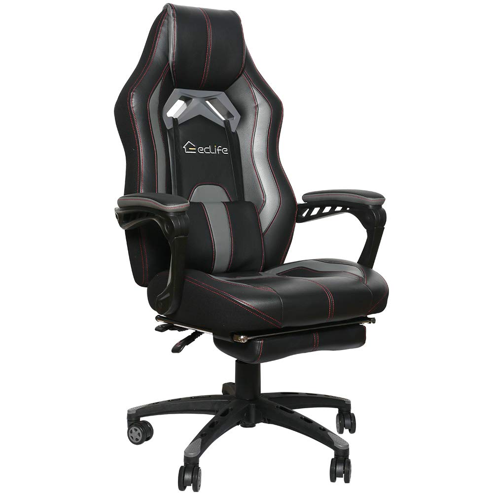 Massage Gaming Chair Racing ,Office Chair Video Game Chair,High Back PU Leather PC Racing Computer Desk Office Swivel Recliner with Retractable Footrest and Adjustable Lumbar Cushion Support (Grey)