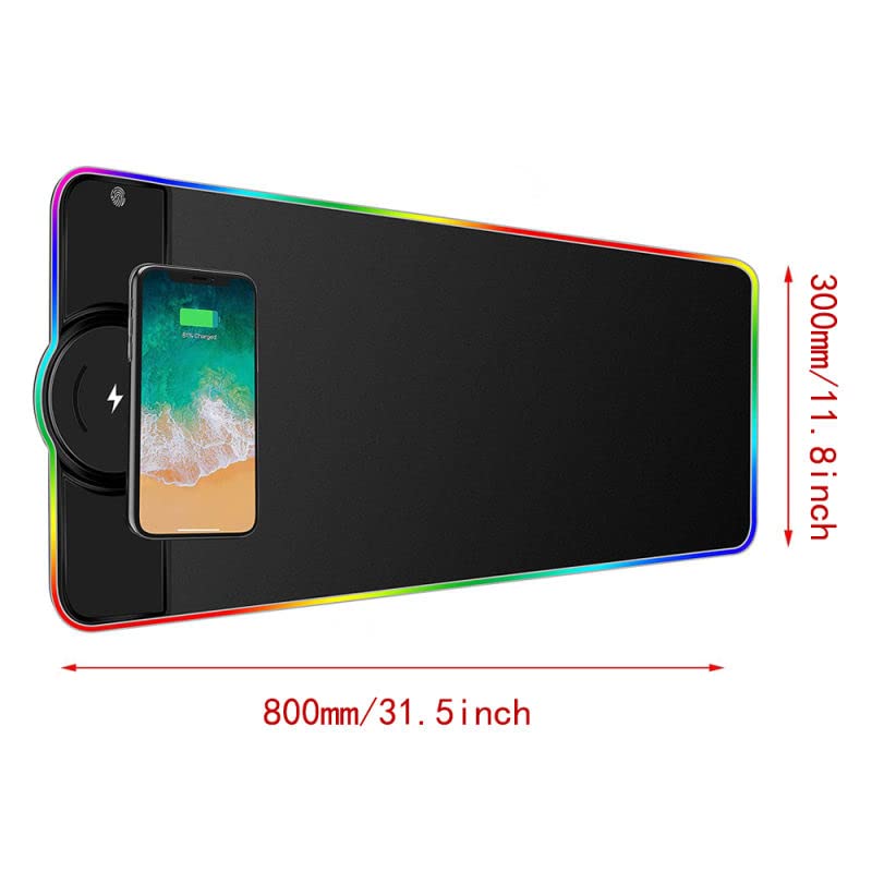 Wireless Charging RGB Gaming Mouse Pad 15W | 10 LED Light up modes Extra large (XL) Mousepad | Waterproof | Non-slip rubber base computer keyboard mat for laptop, pc, desk, Big Mouse Mat (800x300x4MM)