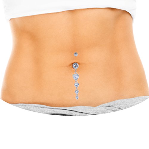Mutreso Belly Button Ring Heart Zirconia Stones 14G Surgical Steel Dangle Navel Ring Body Piercing