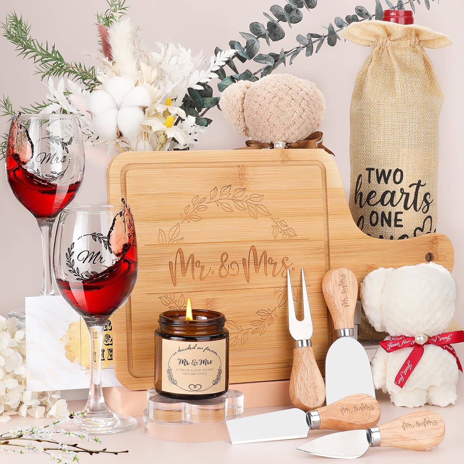 pengtai Wedding Gifts,Engagement Gifts for Couples,Gifts for Couples,Bride Gifts,Anniversary Wine Glass Gift for Couple,Newlywed Mr and Mrs Gifts,Bamboo Serving Board Candle Gift for Husband Wife