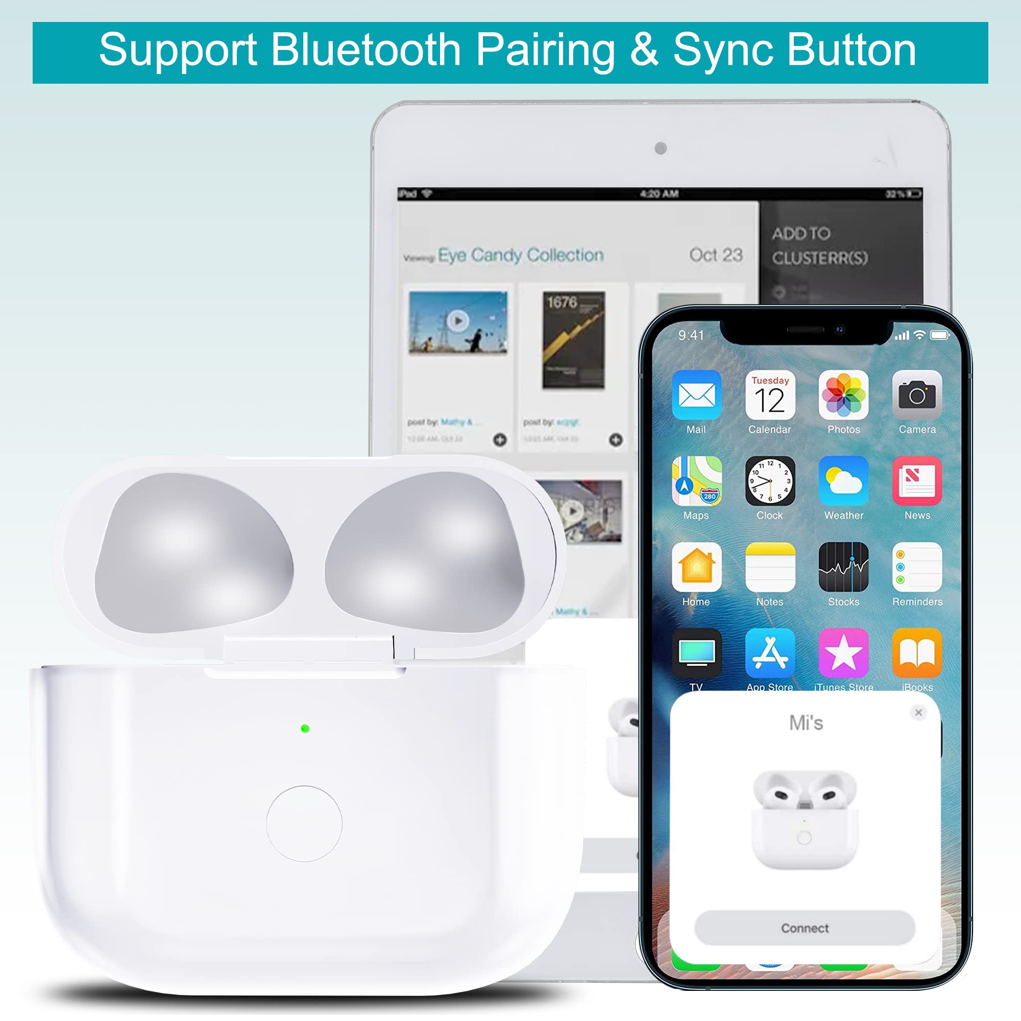 Wireless Charging Case Replacement Compatible with AirPod 3rd Generation, Air Pod 3 Charger Case with Bluetooth Pairing Sync Button Without Earbuds, White