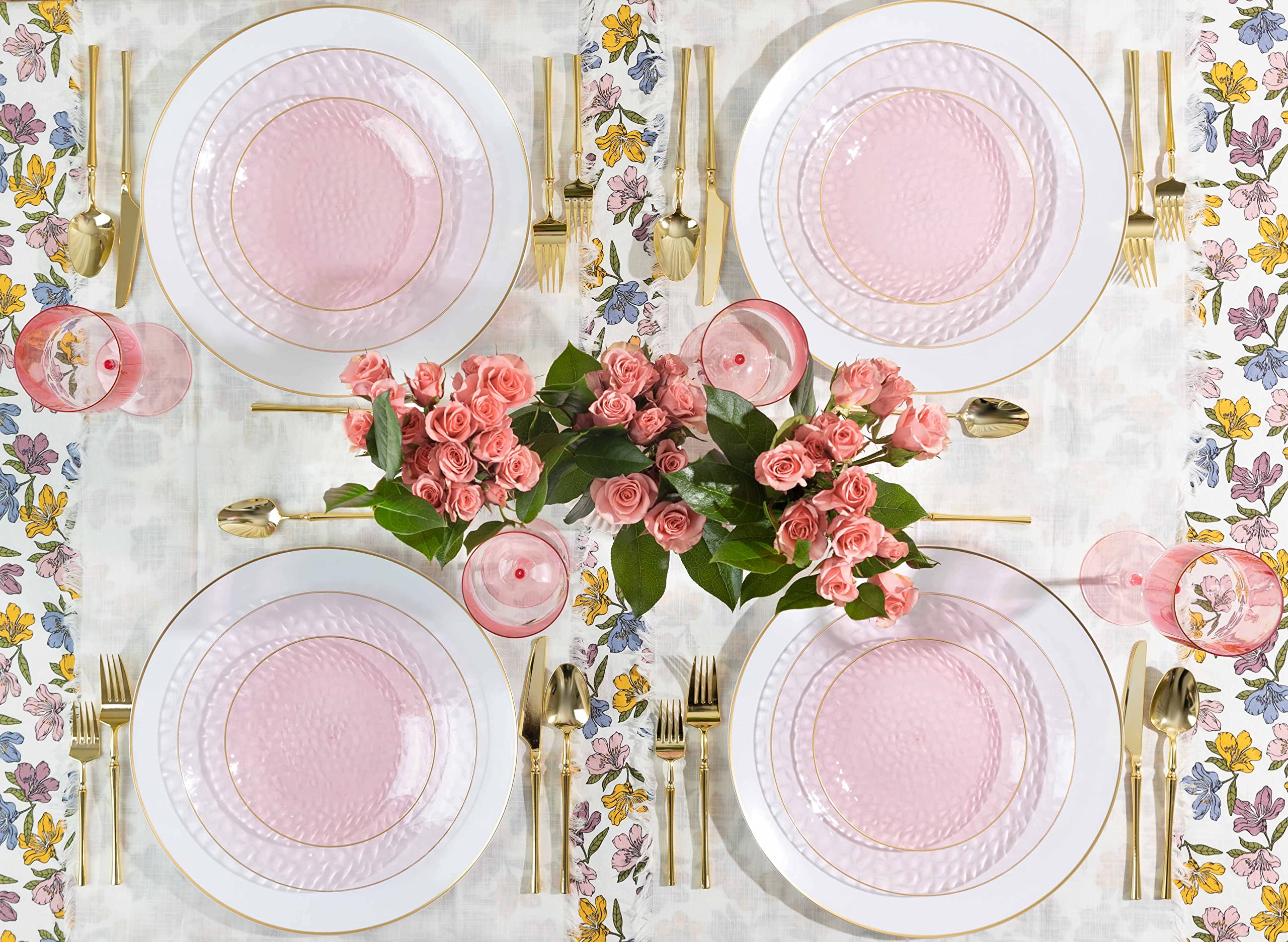 PARTY BARGAINS 5 Wine Goblets - Pink Gold Rim (12oz) - Disposable Shatterproof Elegant Design Plastic Wine Glasses with Stem - For Pool Parties, Outdoors Receptions, Weddings