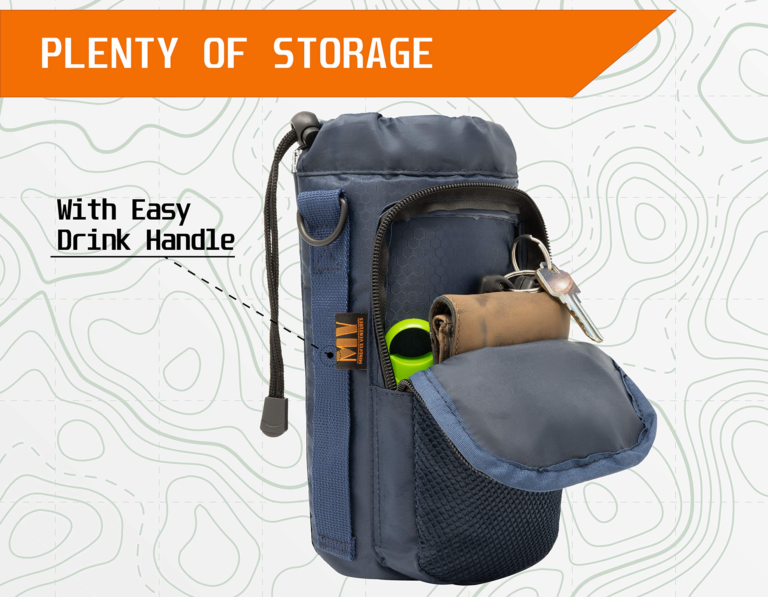 Mindful Ventures Water Bottle Holder - Insulated Water Bottle Carrier/Sling w/Adjustable Shoulder Strap | Pocket for Phone, Accessories | Up to 40oz | Great for Hydro Flask Walking Hiking