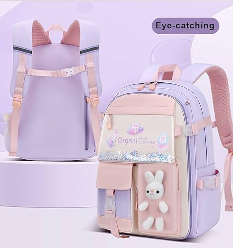 Nzahdwu Kawaii Backpack Girls, Cute Bunny Backpacks,Cartoon Large Capacity Waterproof Backpack Multifunction Laptop Travel Bag for Teens (Purple-17.7in)