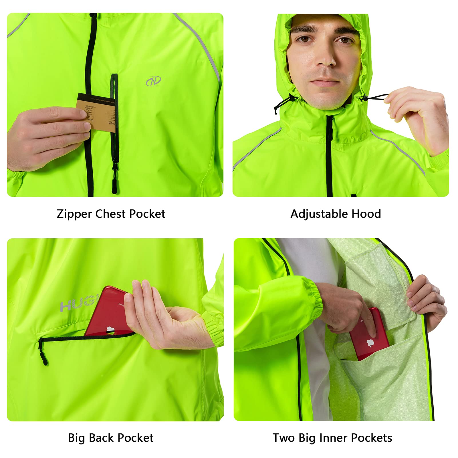 Men's Cycling Running Rain Jacket Lightweight Waterproof Biking Hiking Windbreaker Raincoat Reflective Packable