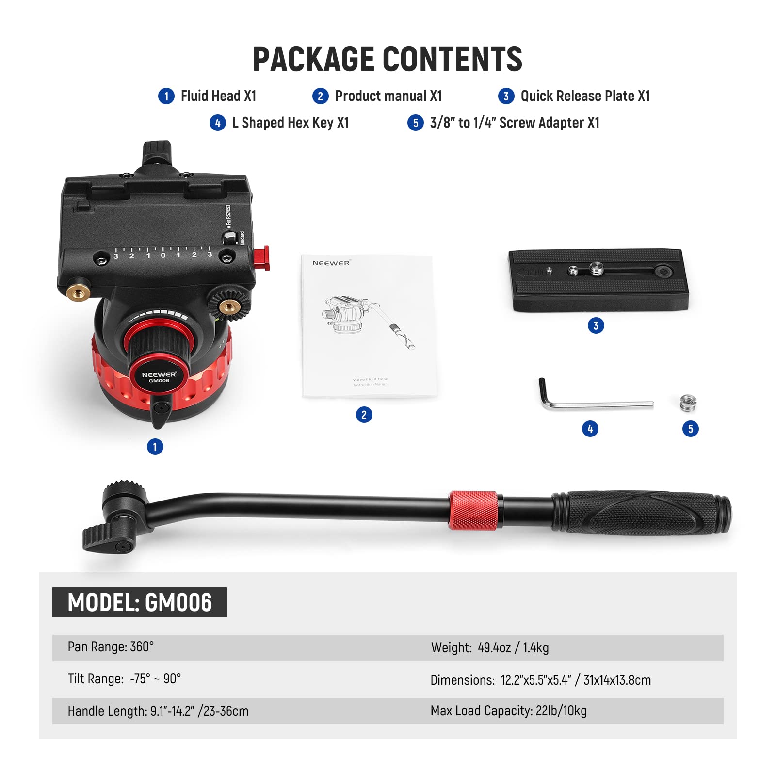 NEEWER Pro Video Tripod Fluid Head with Stepless Adjustable Pan & Tilt Damping, All Metal Heavy Duty QR Plate Compatible with DJI RS Gimbals Manfrotto, Handle, β75mm Base, Max Load 22lb/10kg, GM006