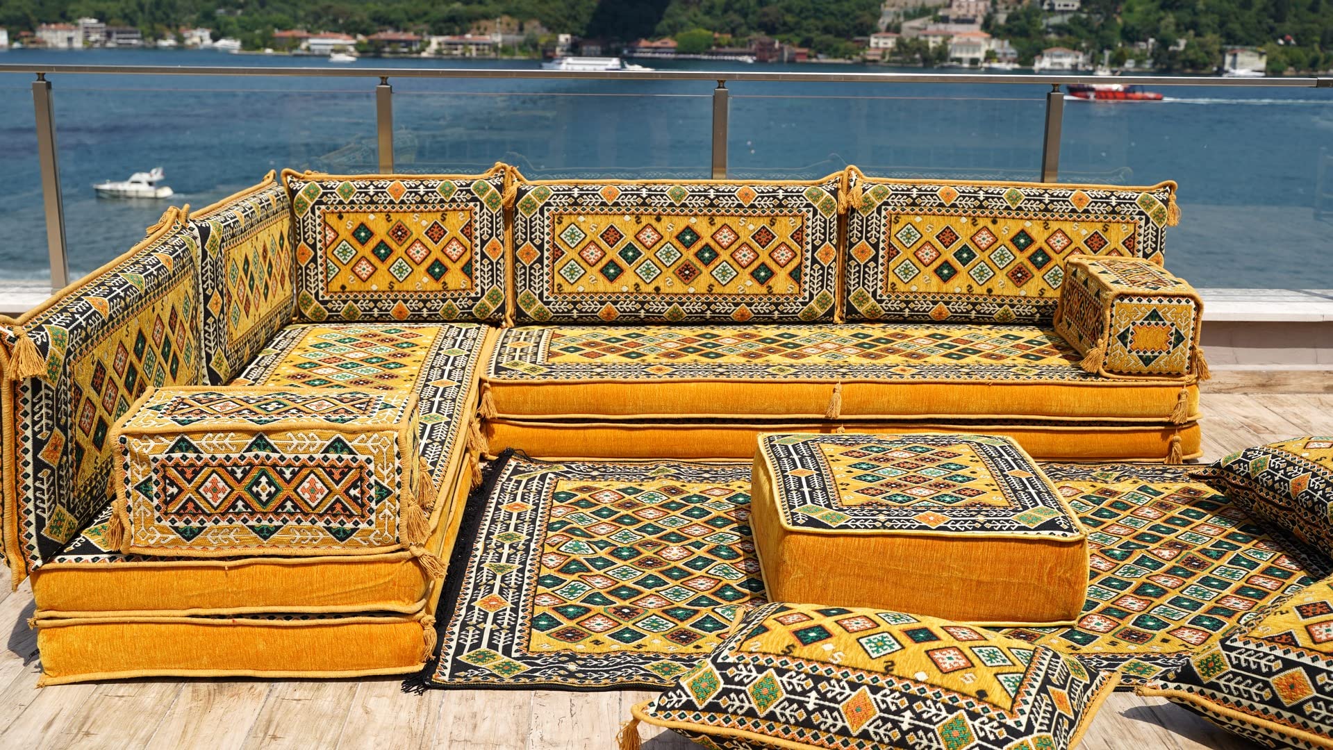 Yellow L Shaped Floor Couch, Sectional Sofa Set, Floor Pillow, Arabic Majlis, Moroccan Livingroom Cushion, 8" Thick Corner Floor Seating Set (L Sofa + Rug + Poufs)
