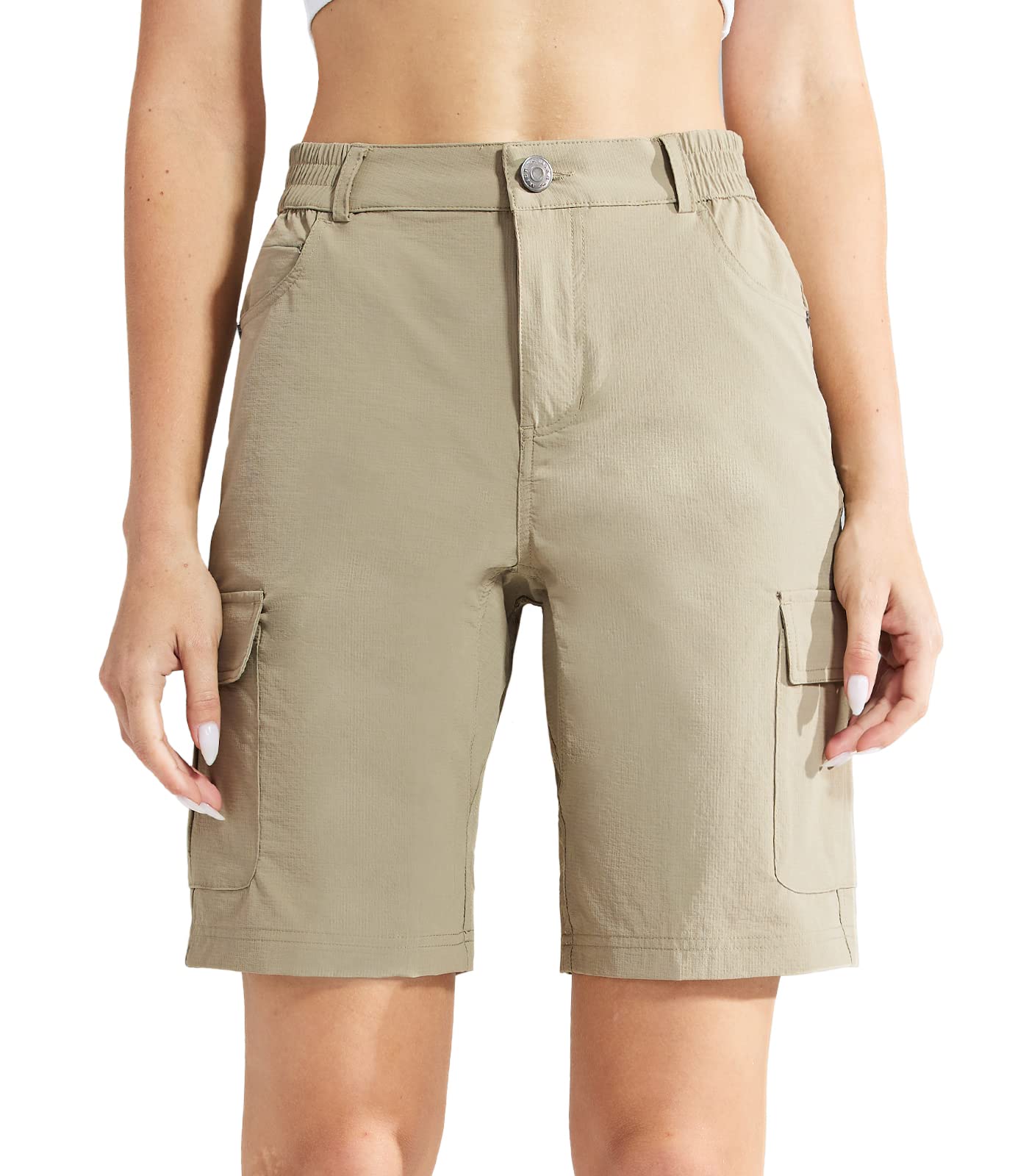 MIER Women's Lightweight Stretch Outdoor Hiking Shorts with 7 Zipper Pockets Quick Dry Camping Shorts, Ripstop Nylon, Horizon Grey, 8