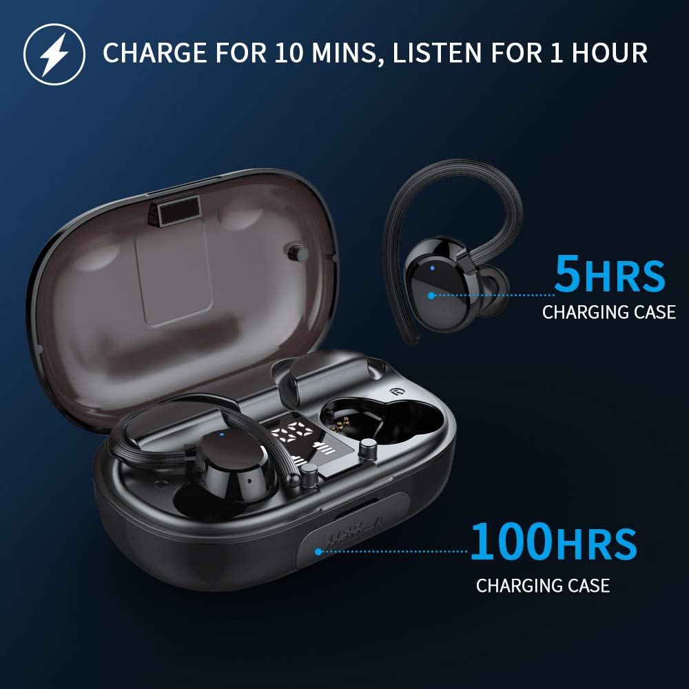 Wireless Earbud Sport in Ear Bluetoth Headphones with Earhooks,100H Playtime,Digital Power Display,Noise Cancelling Ear Buds with Mic,Over Ear Wireless Earphones,Waterproof Bluetoth 5.1 Earbud
