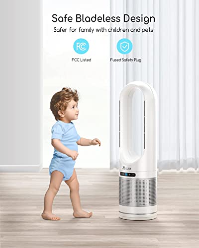 ZICOOLER 32" Tower Fan, 80° Oscillating Bladeless Cooling Fan Air Purifier Combo with Remote, 8 Speeds, 8H Timer, LED Display with Auto Off, Portable Floor Fan for Home Bedroom Living Rooms Office