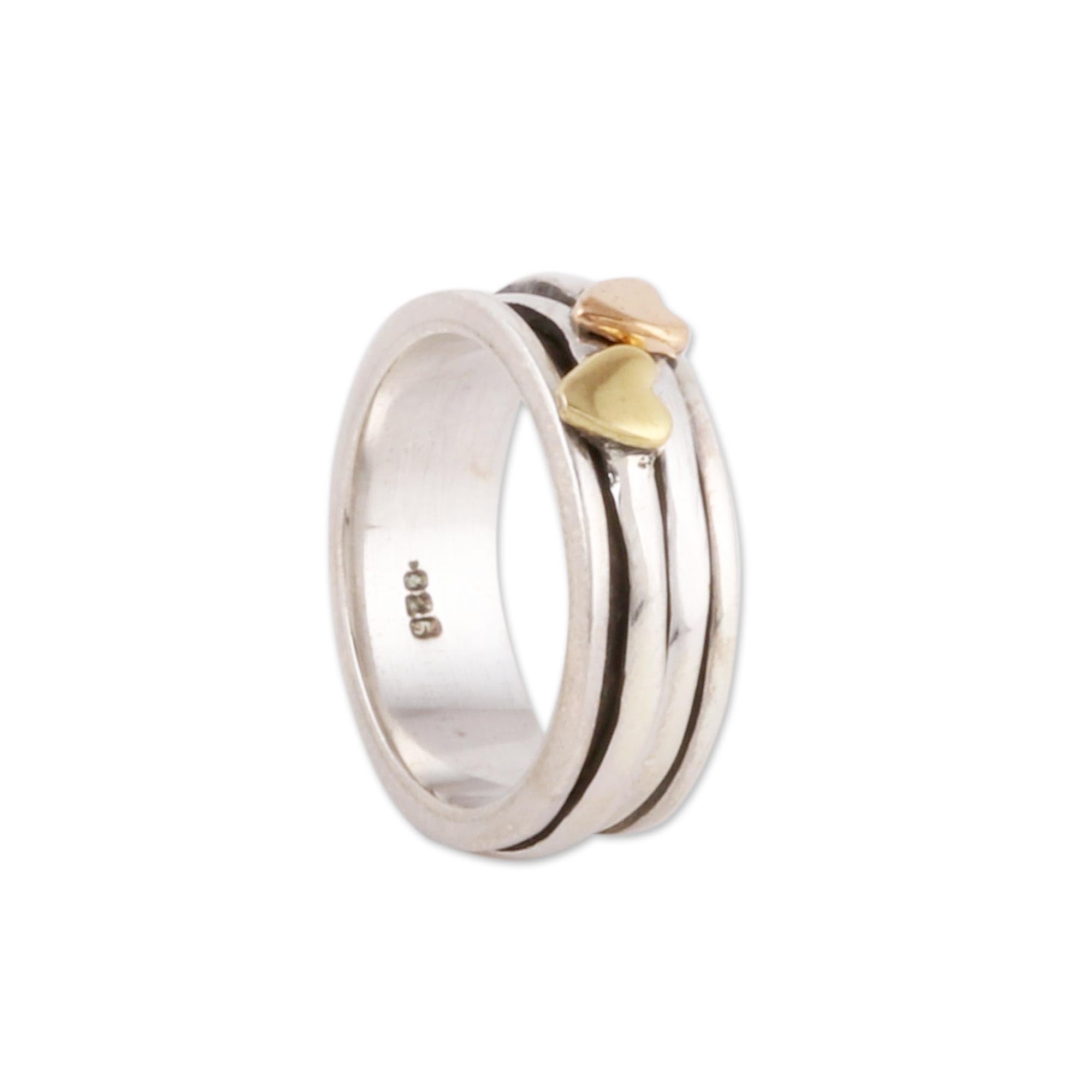 NOVICA Artisan handmade sterling silver spinner ring heart motif brass no stone band meditation india [Band width 6 mm W] ' traveling hearts'