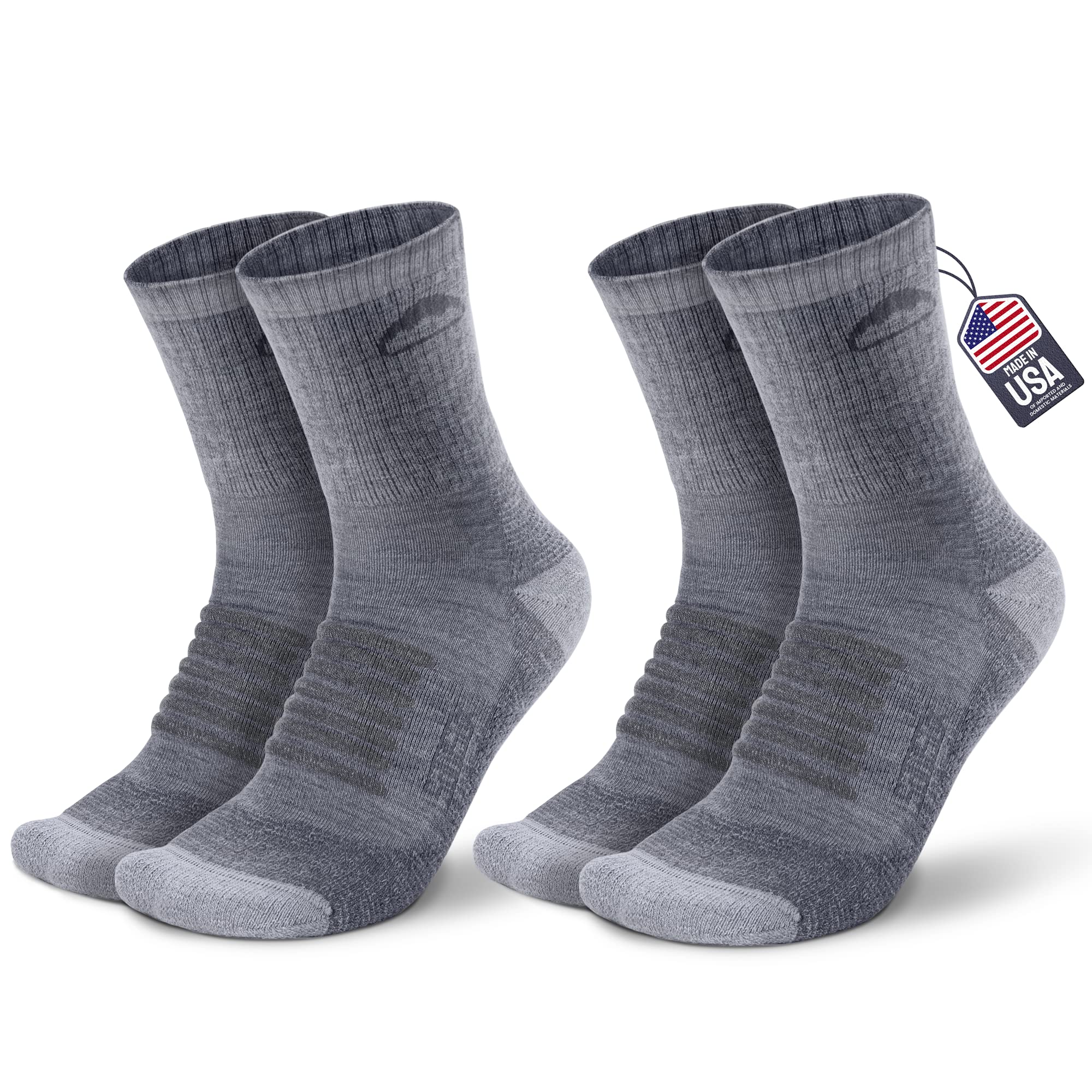SAMSOX 2-Pack Merino Wool Hiking Sock, Made in USA, Gray L