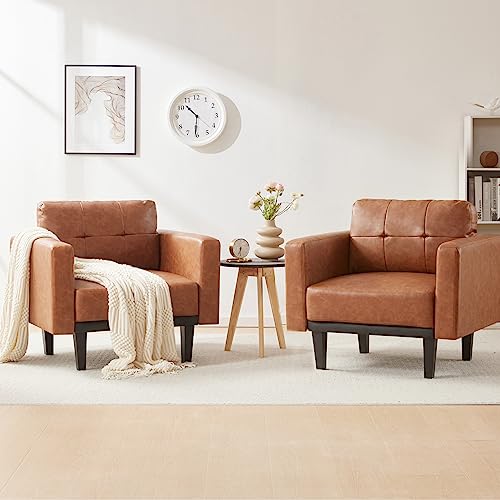Mid-Century Modern Leather Accent Wood Base & Legs, Oversized Upholstered Single Sofa Chair, Comfy Living Room Armchairs for Apartment Bedroom Office Study, Cognac/Espresso…, 1 Pcs, Brown
