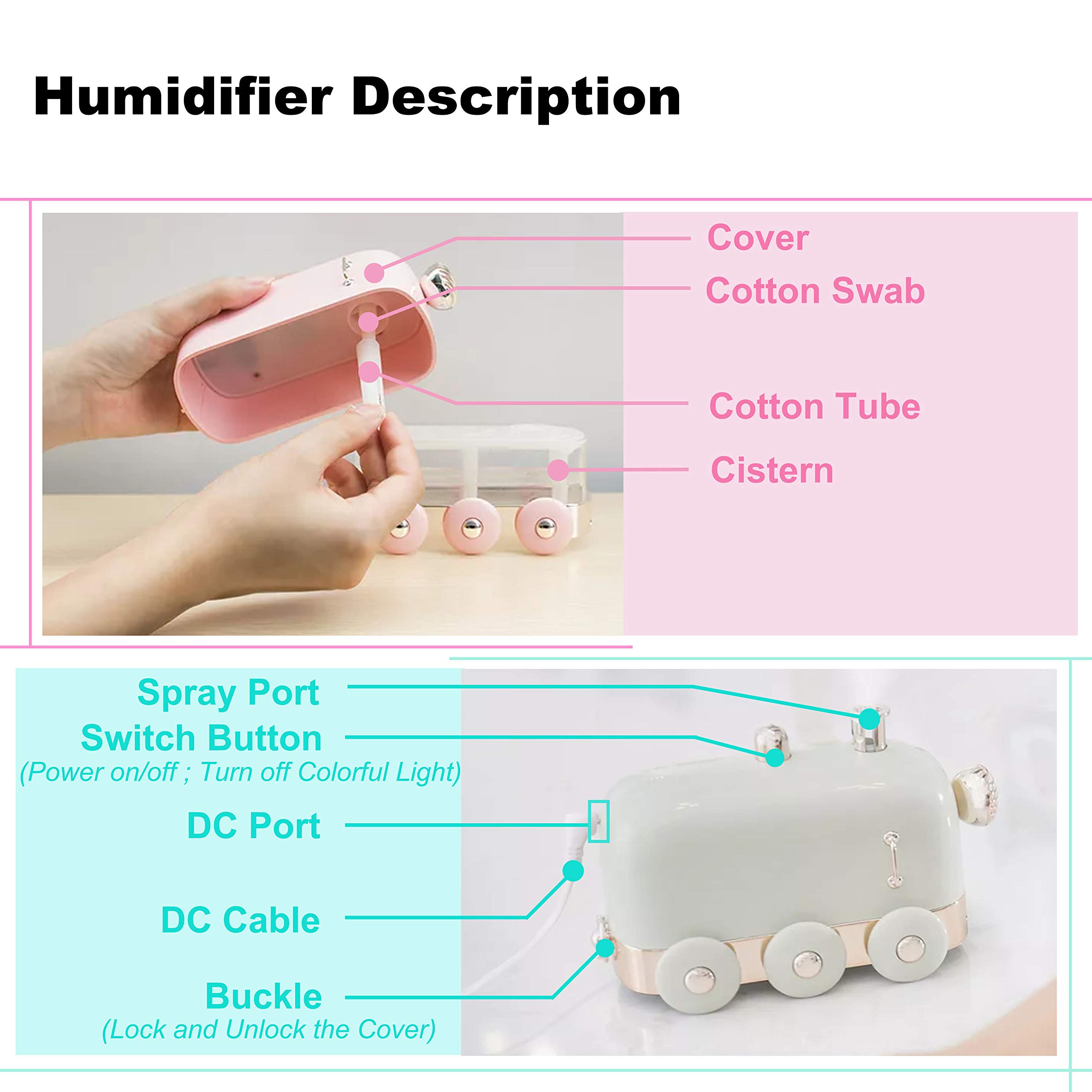Mini Train USB Humidifier, Ultra Quiet Cute Desktop Mute Mini Personal Portable Small Humidifier with LED Light Small Diffuser for Office, Bedroom, 4 Hours Auto Shut-Off, 300ML Pink