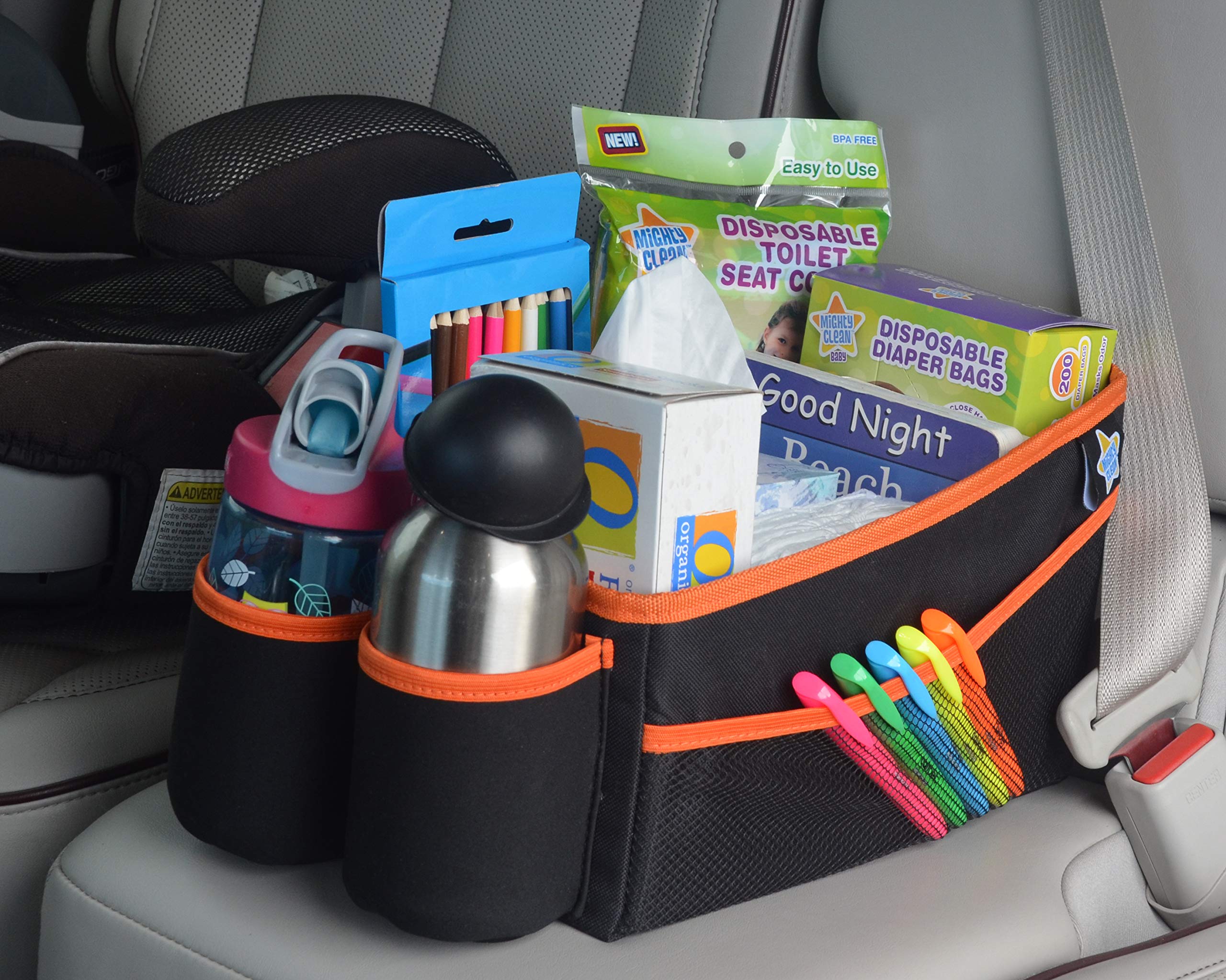 Mighty Clean Car Storage Organizer - Use in The Trunk, or Front or Back Seat with 8 Side Pockets + 1 Zippered Pouch + 2 mesh Pouches + 2 Cup Holders for Toys, Books, Drinks, Tissues, Diapers & More