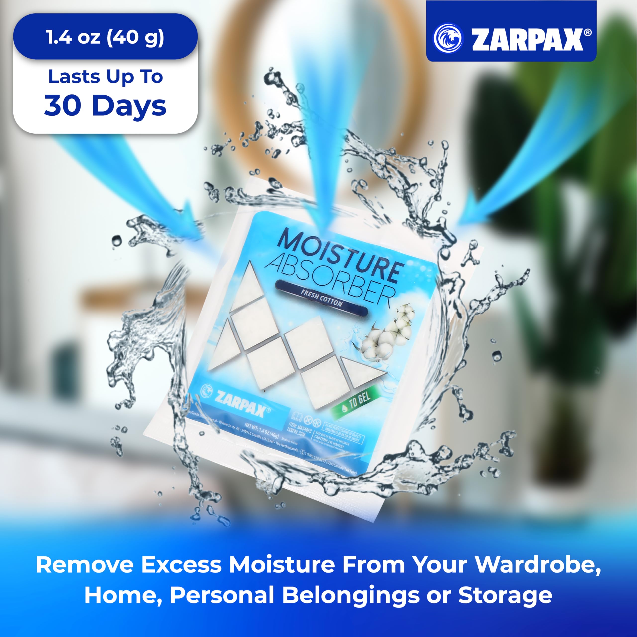 Zarpax Moisture Absorber Sachets Fresh Cotton 1.4 oz/40g - Remove Excess Moisture In Air & Odor - Desiccant Dehumidifier for Closet, Drawer, Safe, Storage - Dampness & Humidity Control - Set of 8