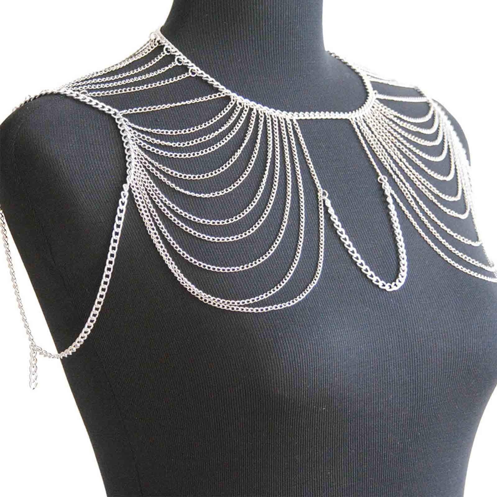 Olbye Shoulder Chain Layering Tassels Link Harness Necklace Silver Shoulder Harness Chain Wrap Summer Beach Sexy Body Jewelry for Women