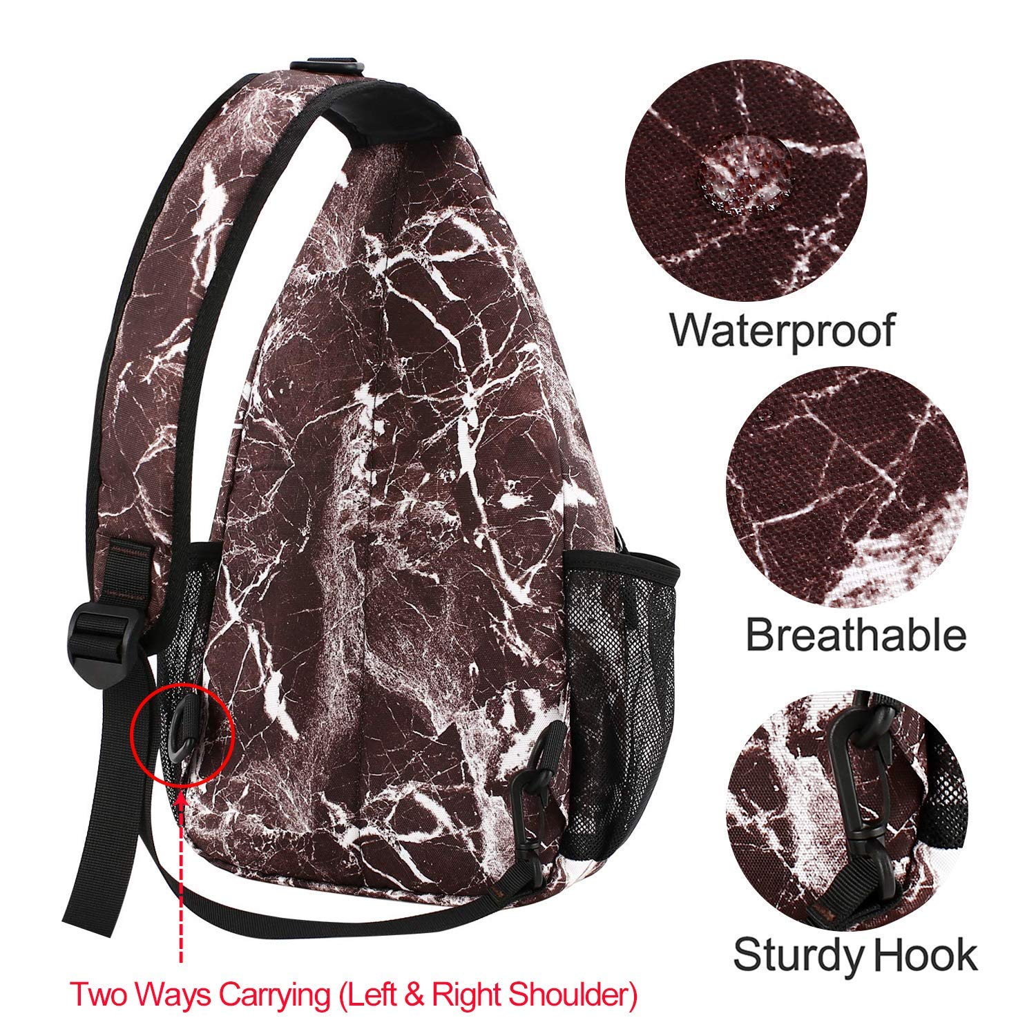 MOSISO 13 inch Sling Backpack, Multipurpose Hiking Daypack Outdoor Rope Crossbody Chest One Shoulder Bag, Brown Marble