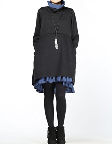 Mordenmiss Women's Flared Layers Dress Hi-Low Ruffle Hem Tunic Top M Black